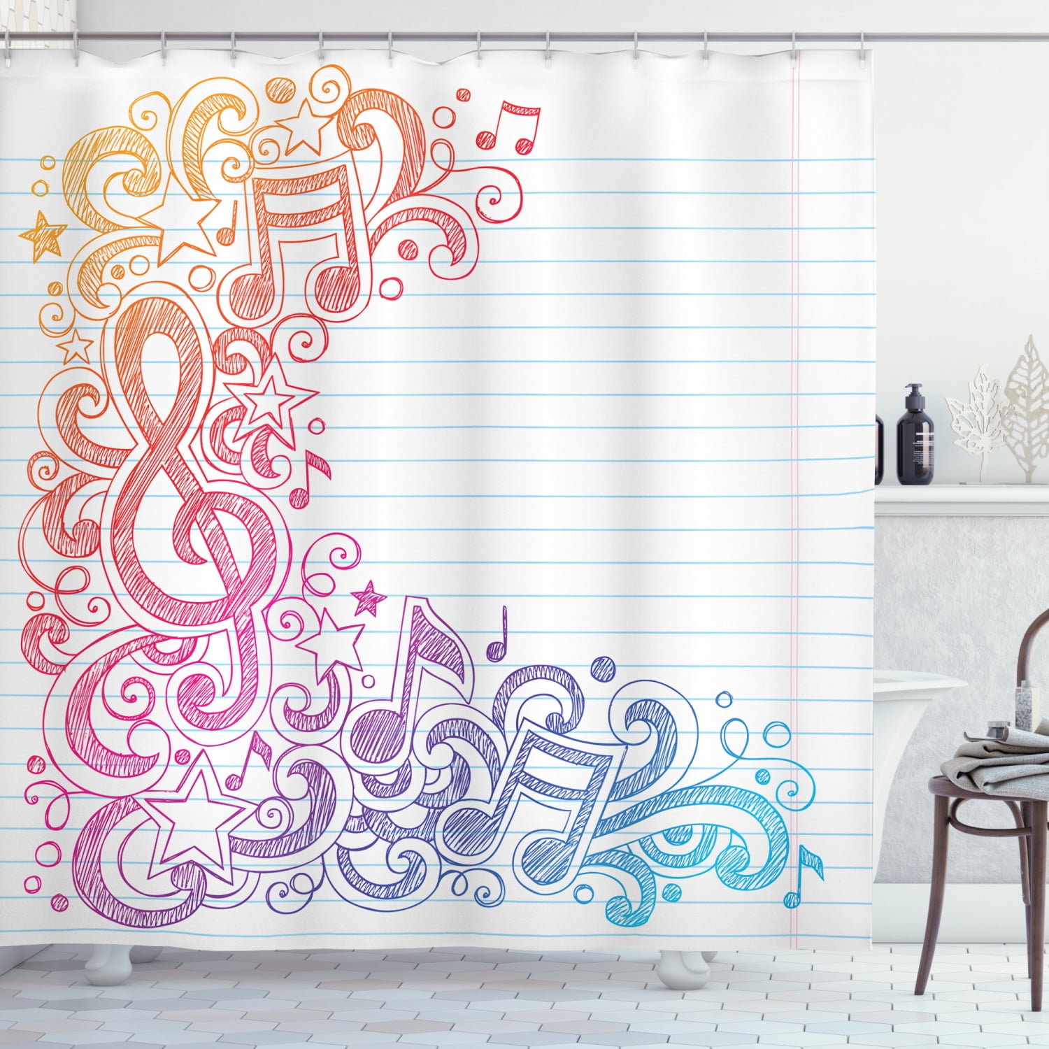 Music Note Shower Curtain, Hand Drawn Design of Stars Swirls Circles ...