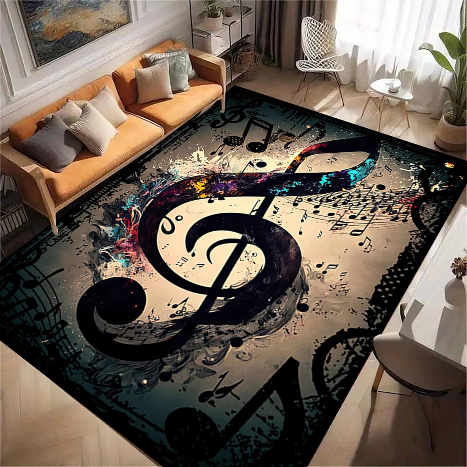 Music Notes Area Rug, Modern Abstract Black Music Notes Colorful ...
