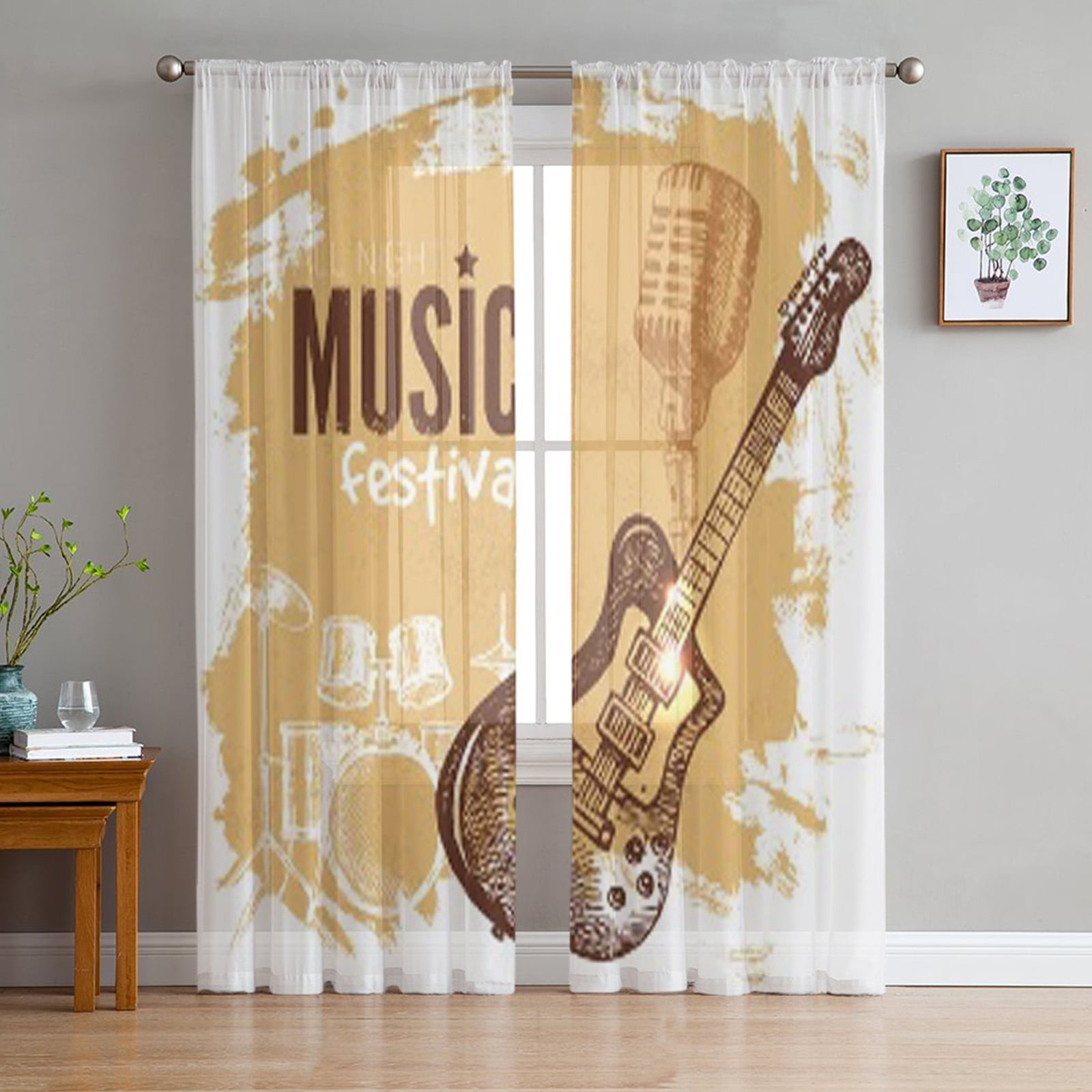 Music Notes Black White Sheer Curtain For Living Room Bedroom Voile ...