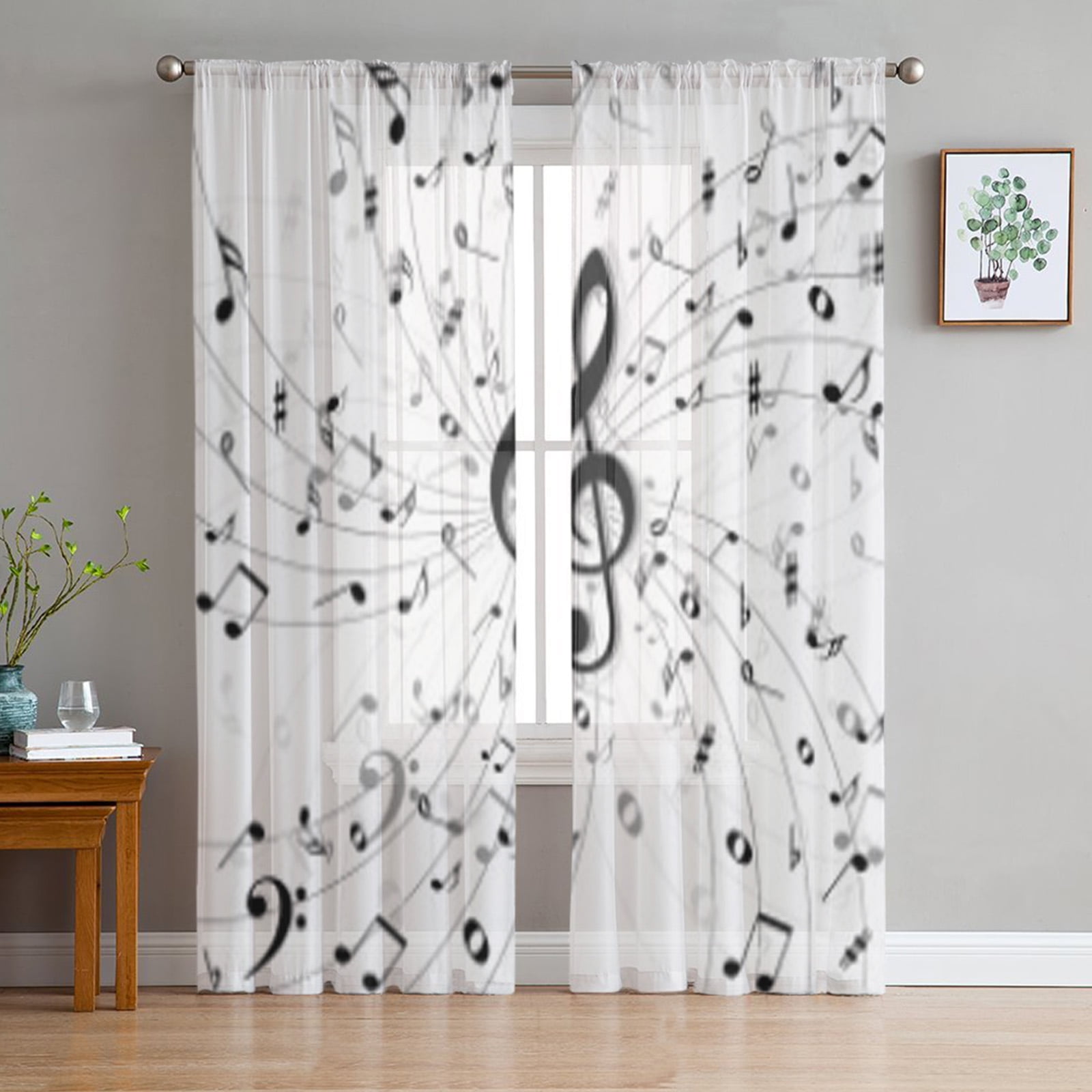 Music Notes Black White Sheer Curtain For Living Room Bedroom Voile ...