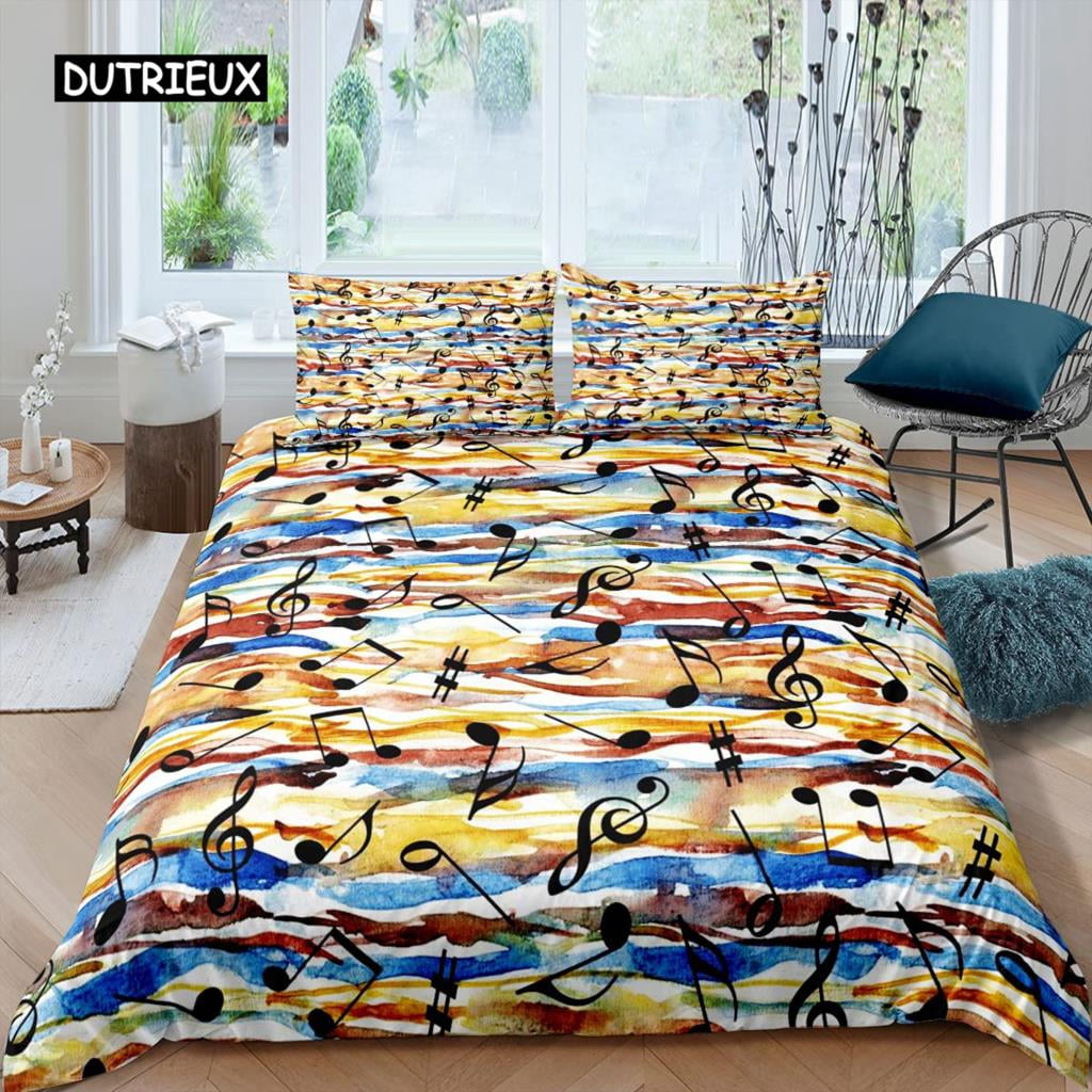 Music Notes Duvet Cover Set Size Purple Musical Theme Bedding Set Gold ...