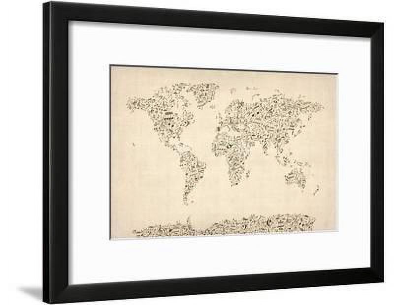 Music Notes Map of the World Map, Framed Art Print Wall Art by Michael ...