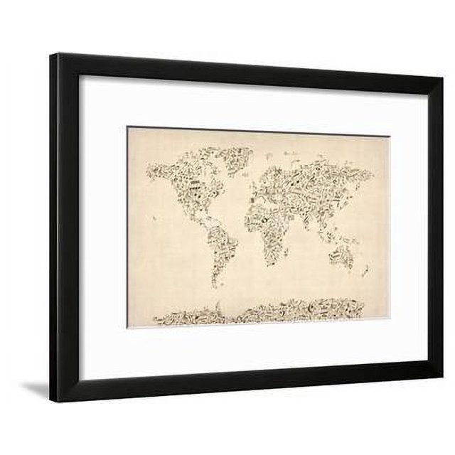 Music Notes Map of the World Map, Framed Art Print Wall Art by Michael ...