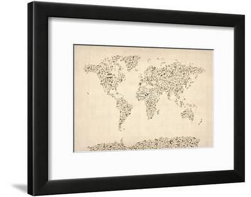 Music Notes Map of the World Map, Framed Art Print Wall Art by Michael ...