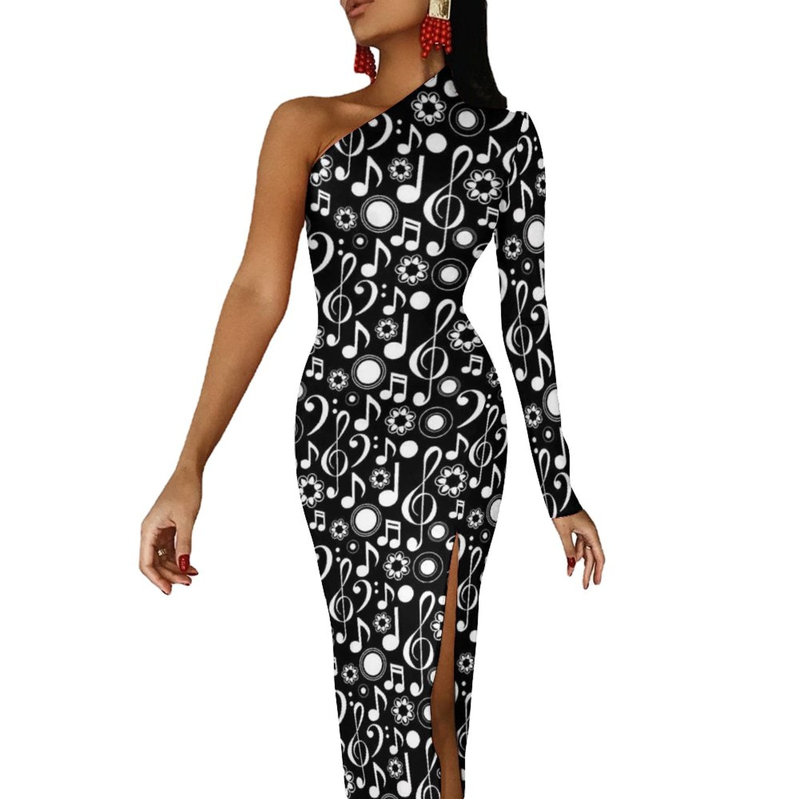 Music Notes Maxi Dress One Shoulder Colorful Print Aesthetic Bodycon ...