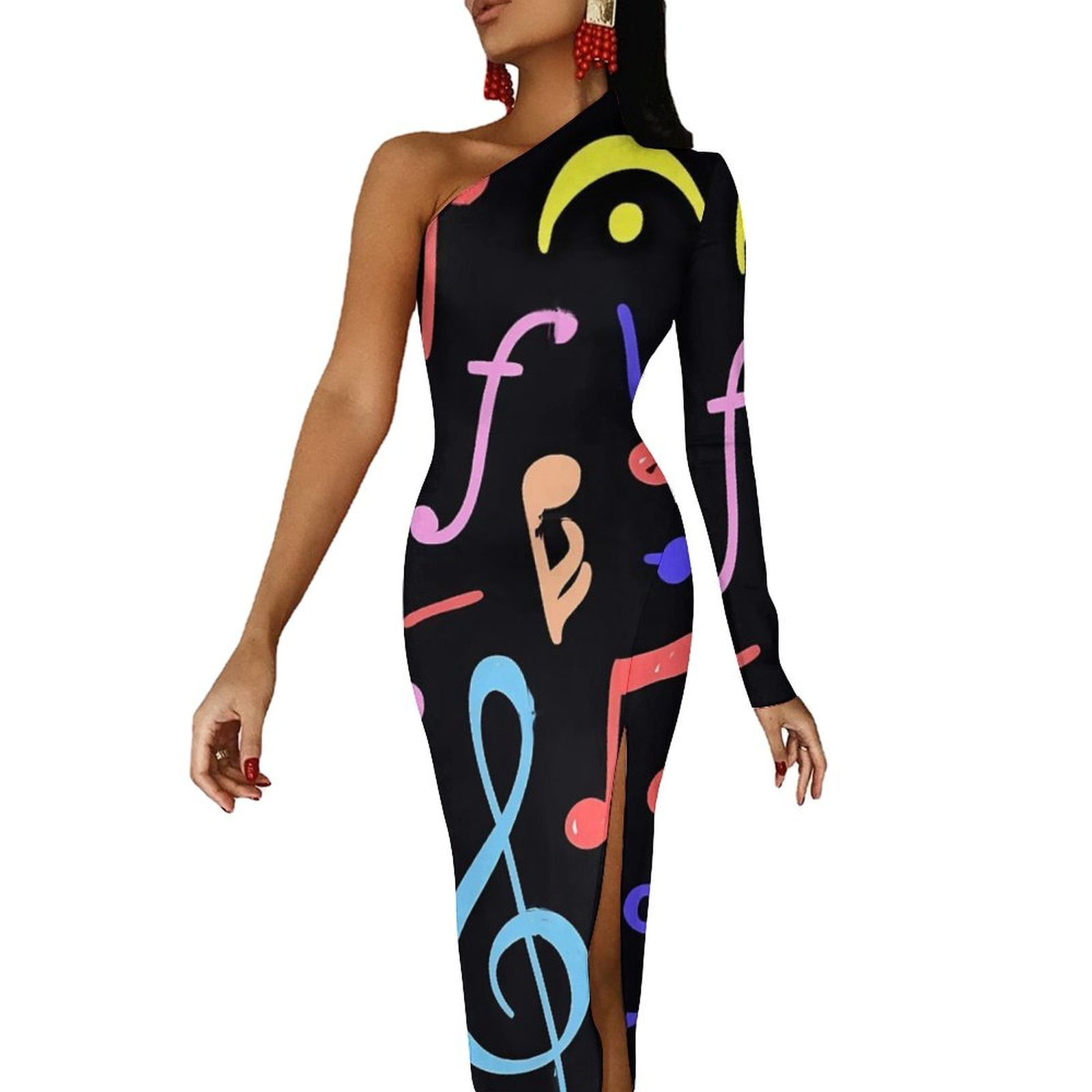 Music Notes Maxi Dress One Shoulder Colorful Print Aesthetic Bodycon ...