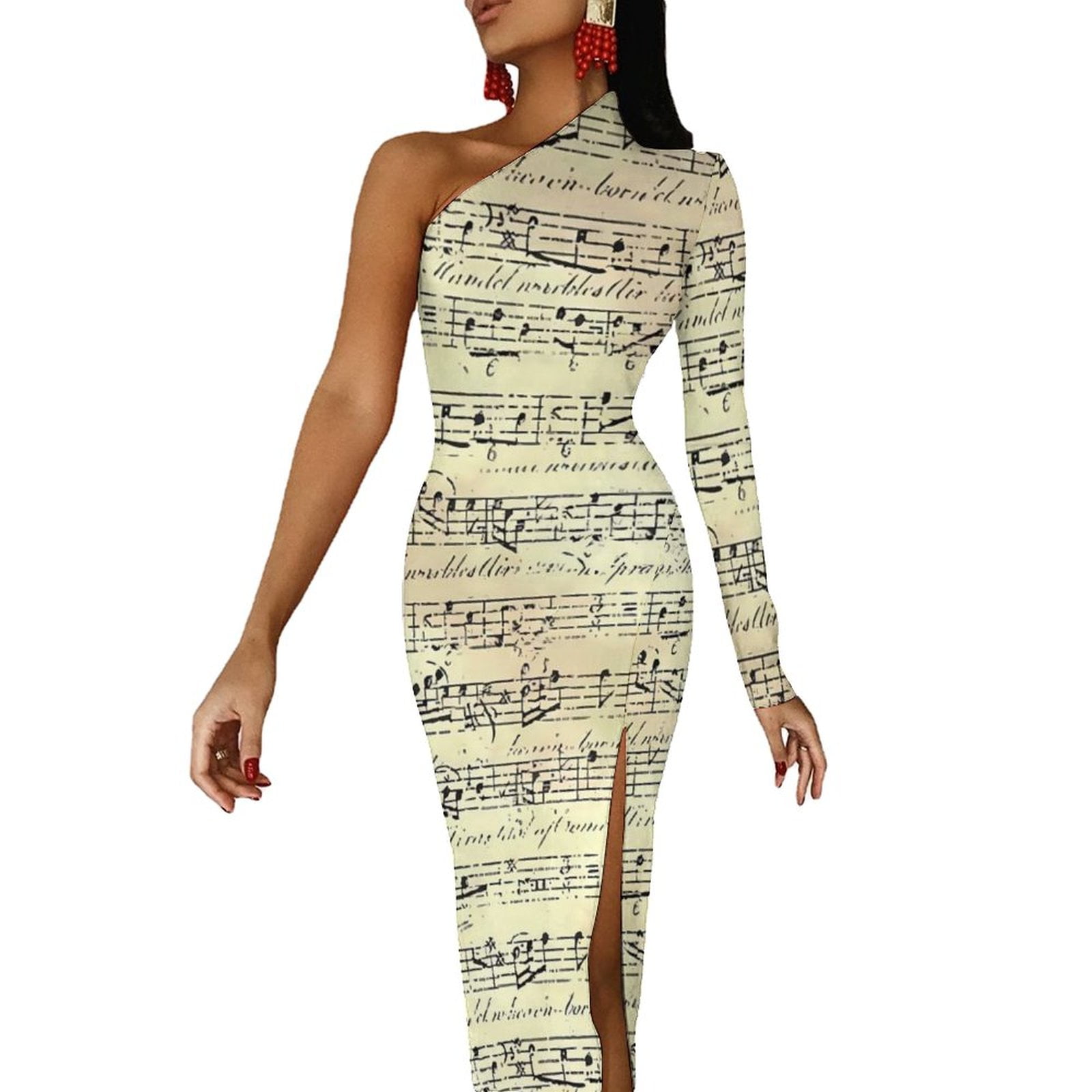 Music Notes Maxi Dress One Shoulder Colorful Print Aesthetic Bodycon ...