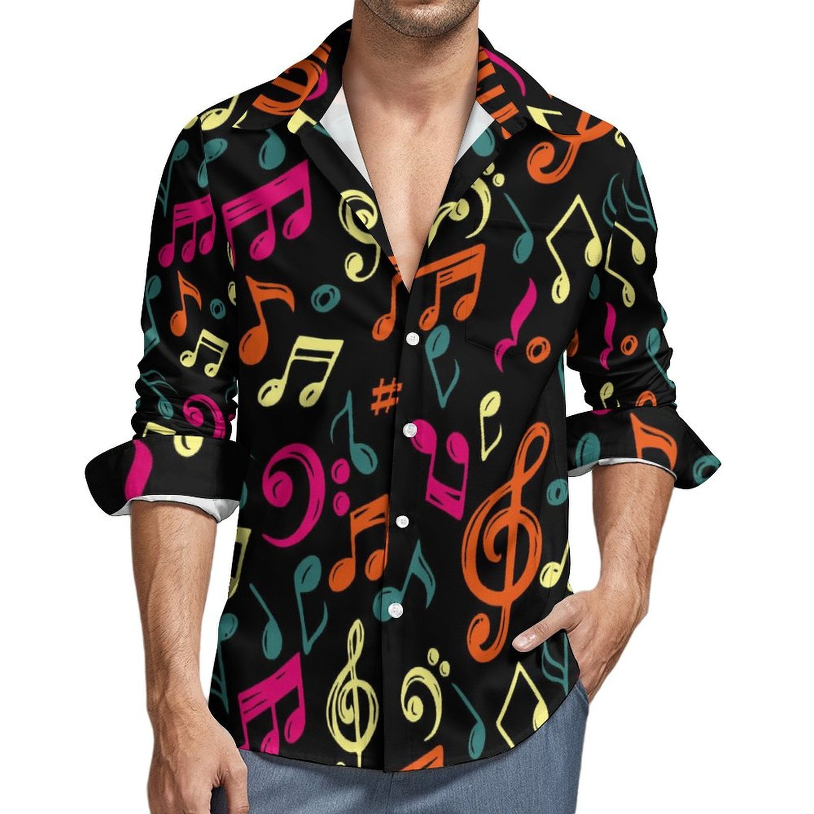 Music Notes Mens Long Sleeve Button Down Shirts, Casual Men's Button Up ...