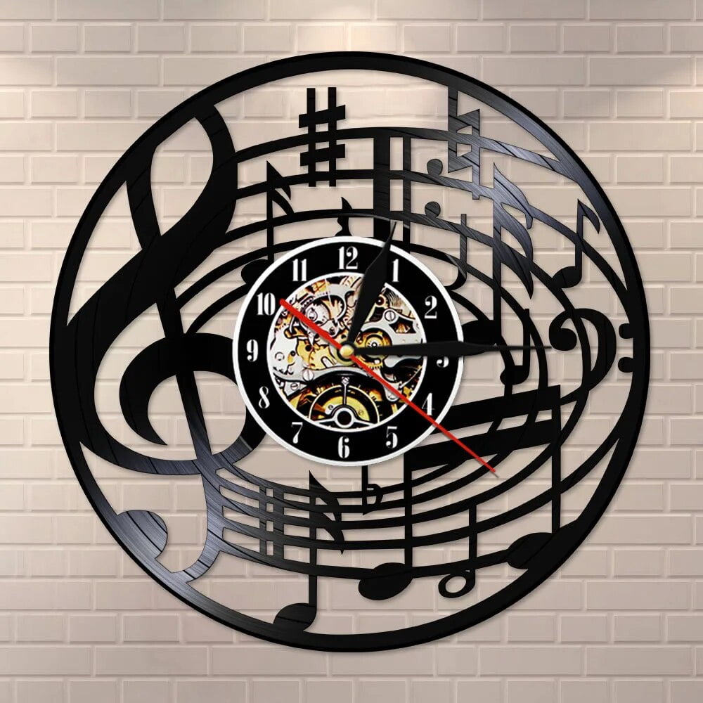 Music Notes Vinyl Wall Clock,Vinyl Record Clock Wall Art Black Handmade ...