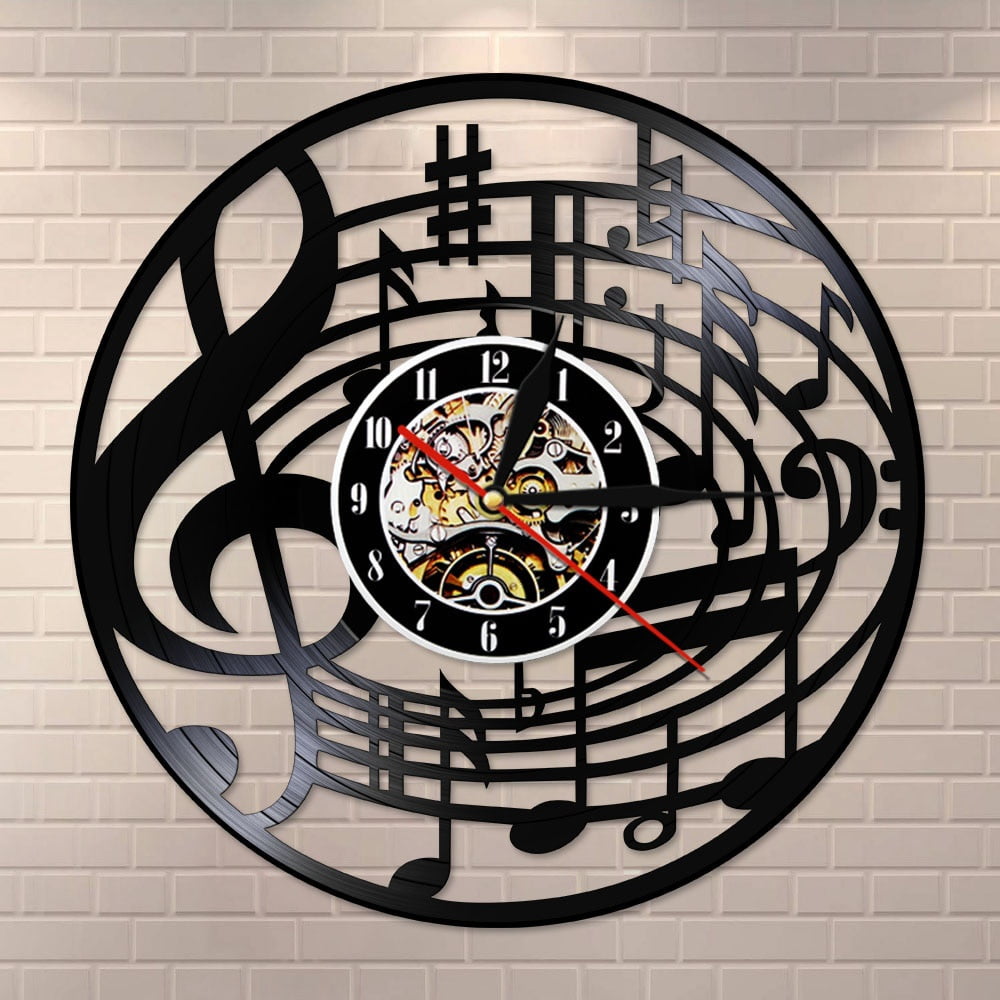 Music Notes Wall Art Treble Clef Vinyl Record Wall Clock Hanging Sheet ...