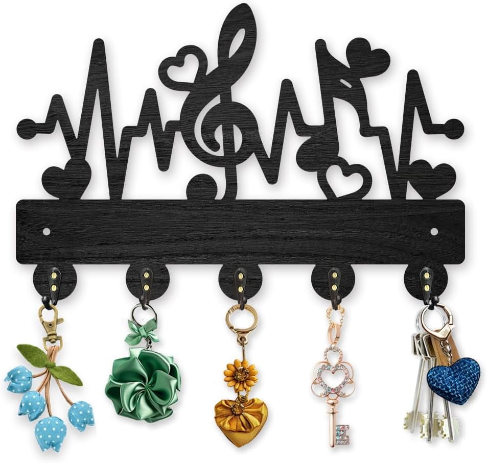 Music Notes Wood Key Holder for Wall Love ECG Musical Wall Mounted Key ...