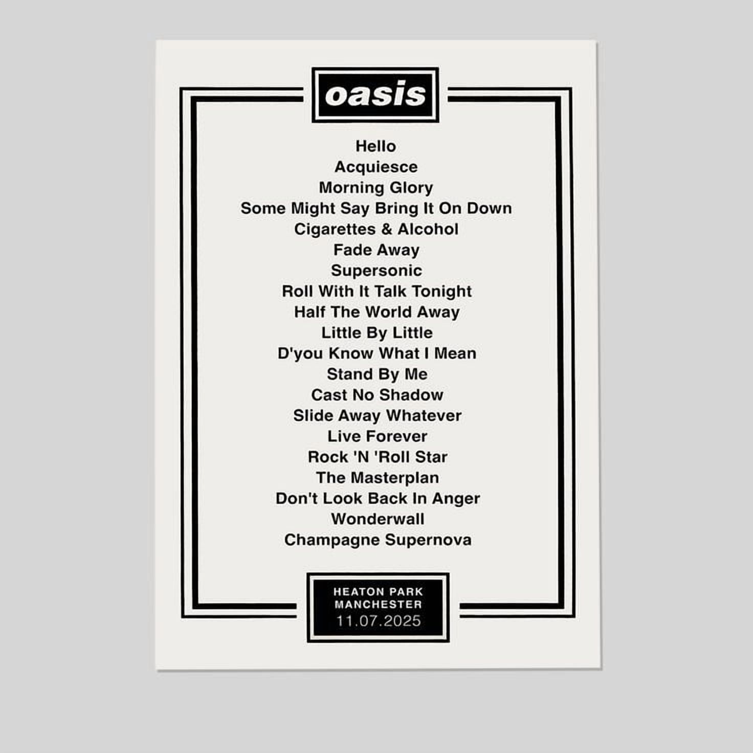 Music Poster- Oasis 2025 Wembley Stadium Setlist - Oasis Comeback Tour ...