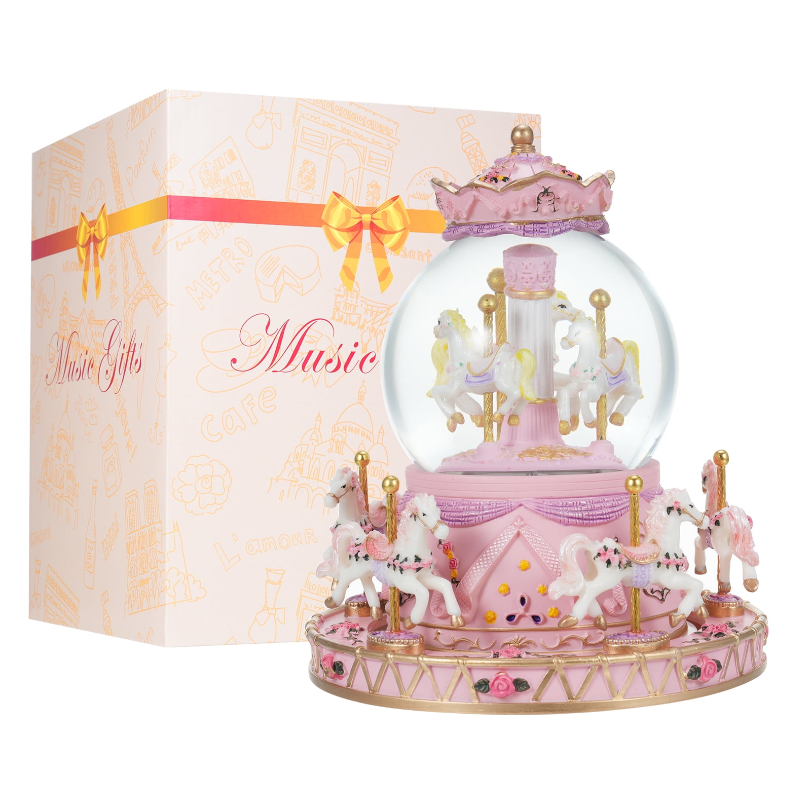 Music Rotating Carousel Music Box Crystal Ball Light-up Snow Globe Wind ...