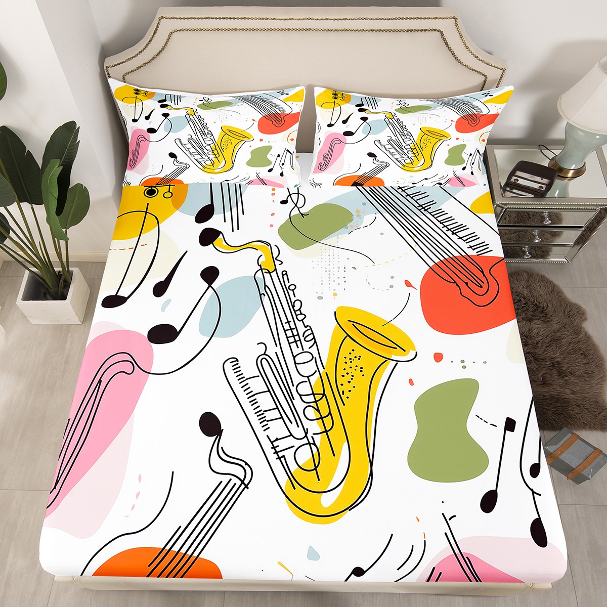 Music Sheets Watercolor Geometry Saxophone Queen Bed Sheets Colorful ...