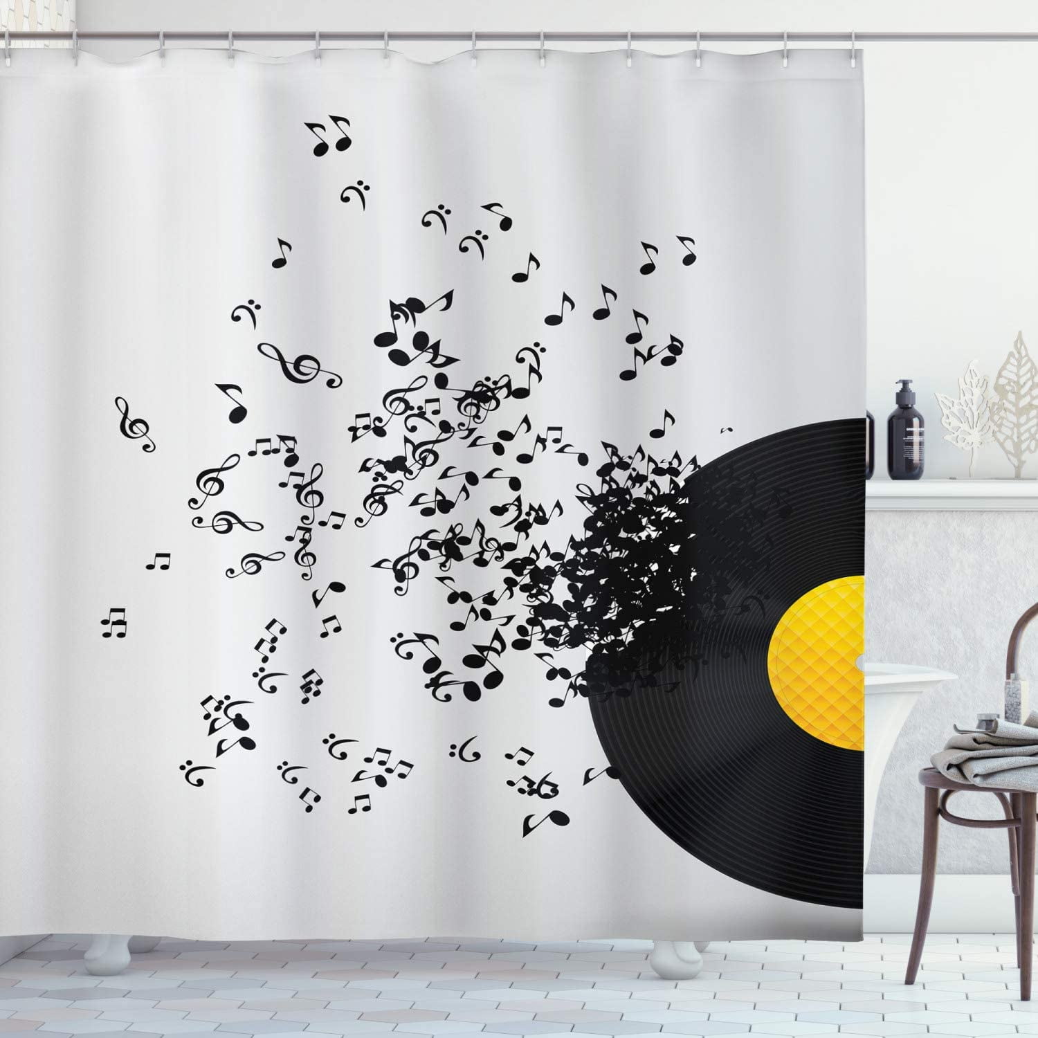 Music Shower Curtains Abstract Design Flying Music Notes Disc Album ...