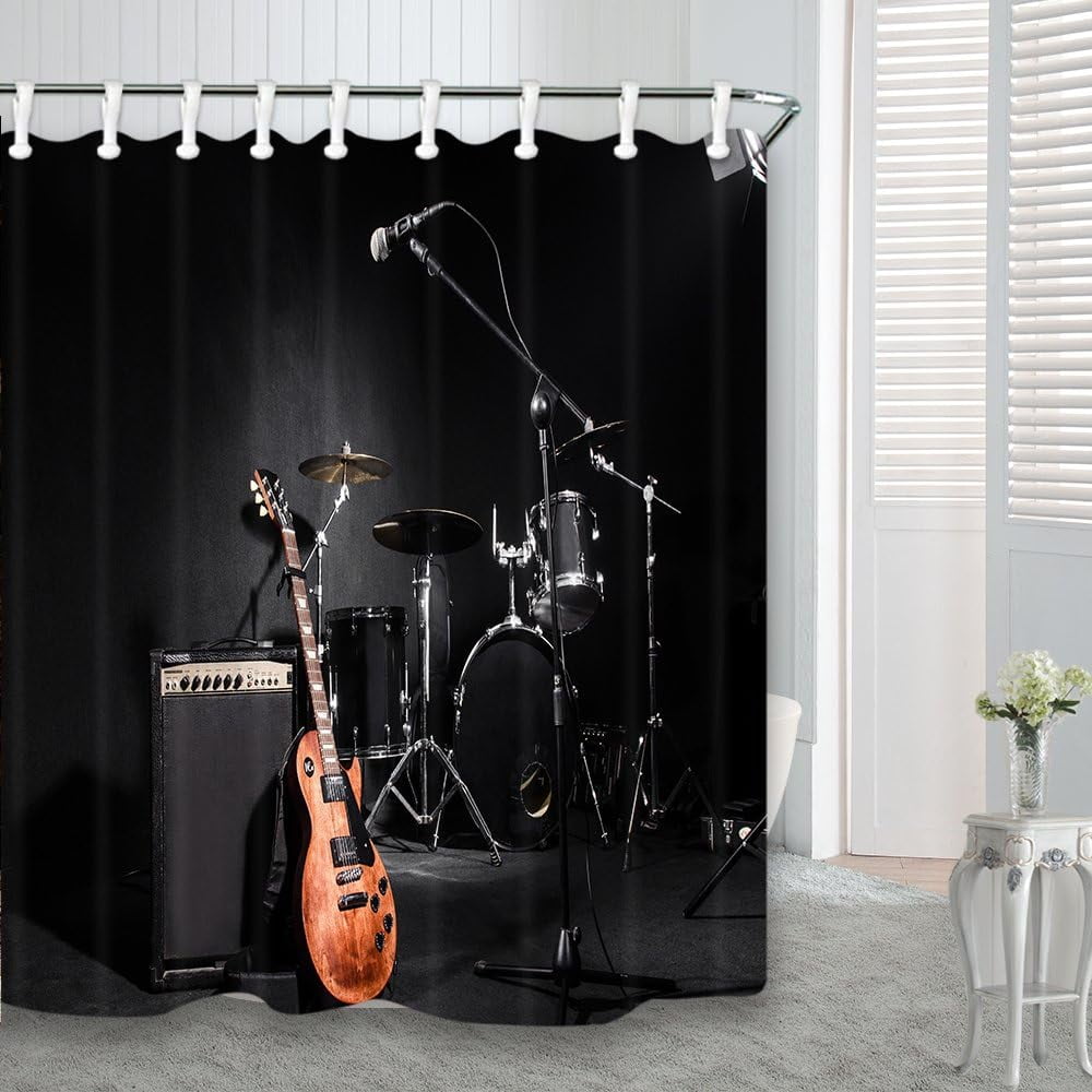 Music Shower Curtains Set, Musical Instruments Guitar with Drum in ...