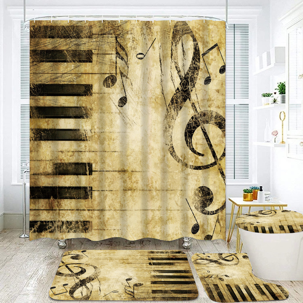 Music Style Shower Curtain Set with Non-Slip Rugs Toilet Lid Cover and ...