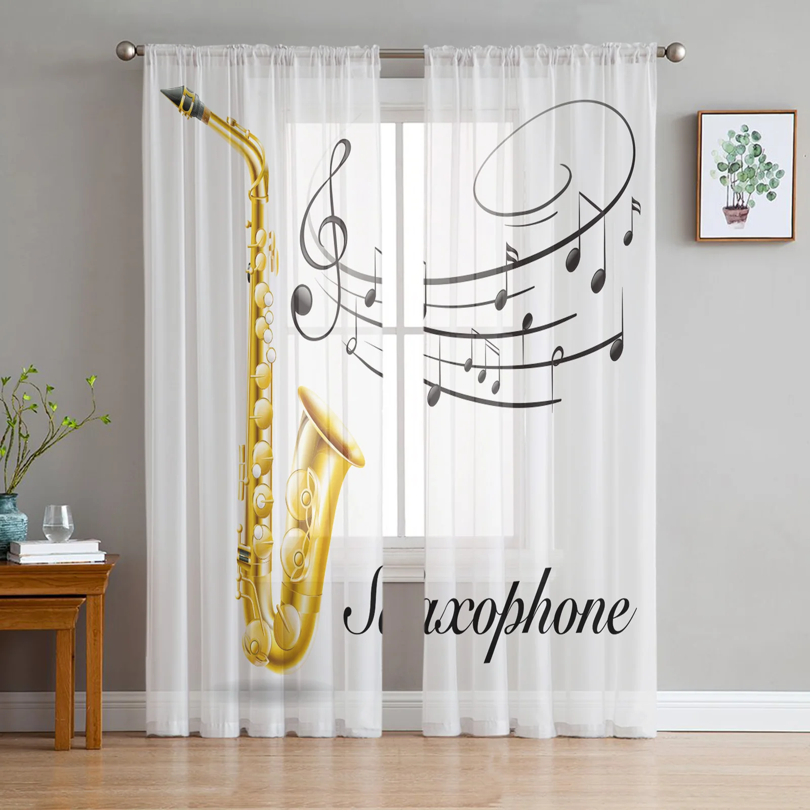 Music Symbol Black And White Art Chiffon Sheer Curtains for Living Room ...