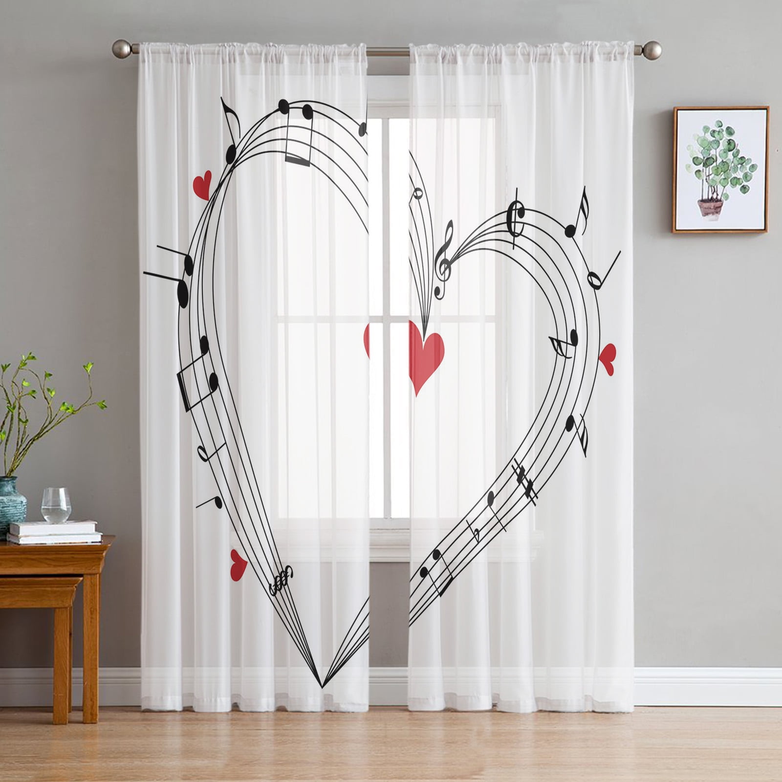 Music Symbol Red Heart Musical Note Sheer Curtains for Living Room ...