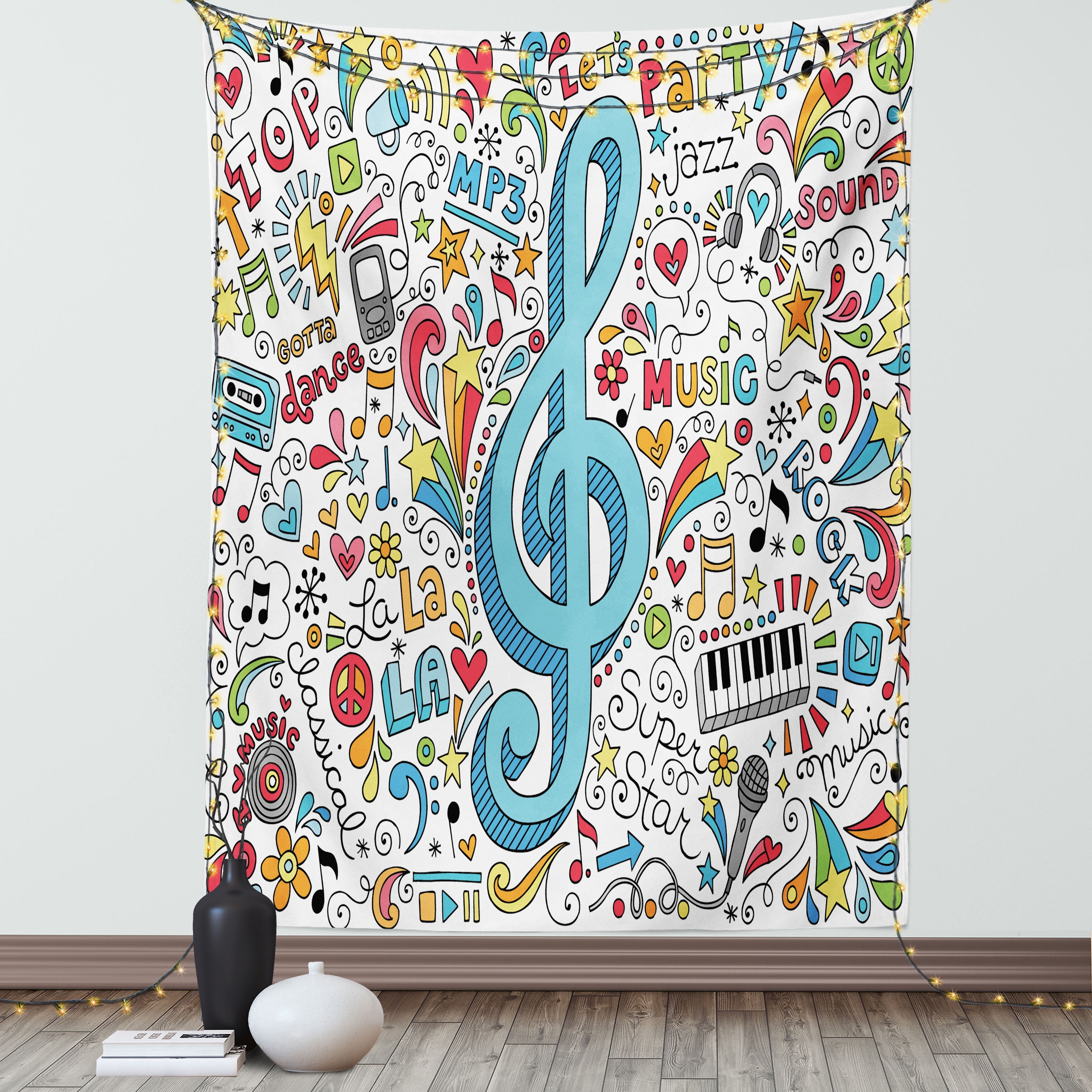 Music Tapestry, Big Clef with Notebook Doodle Style Items Around ...