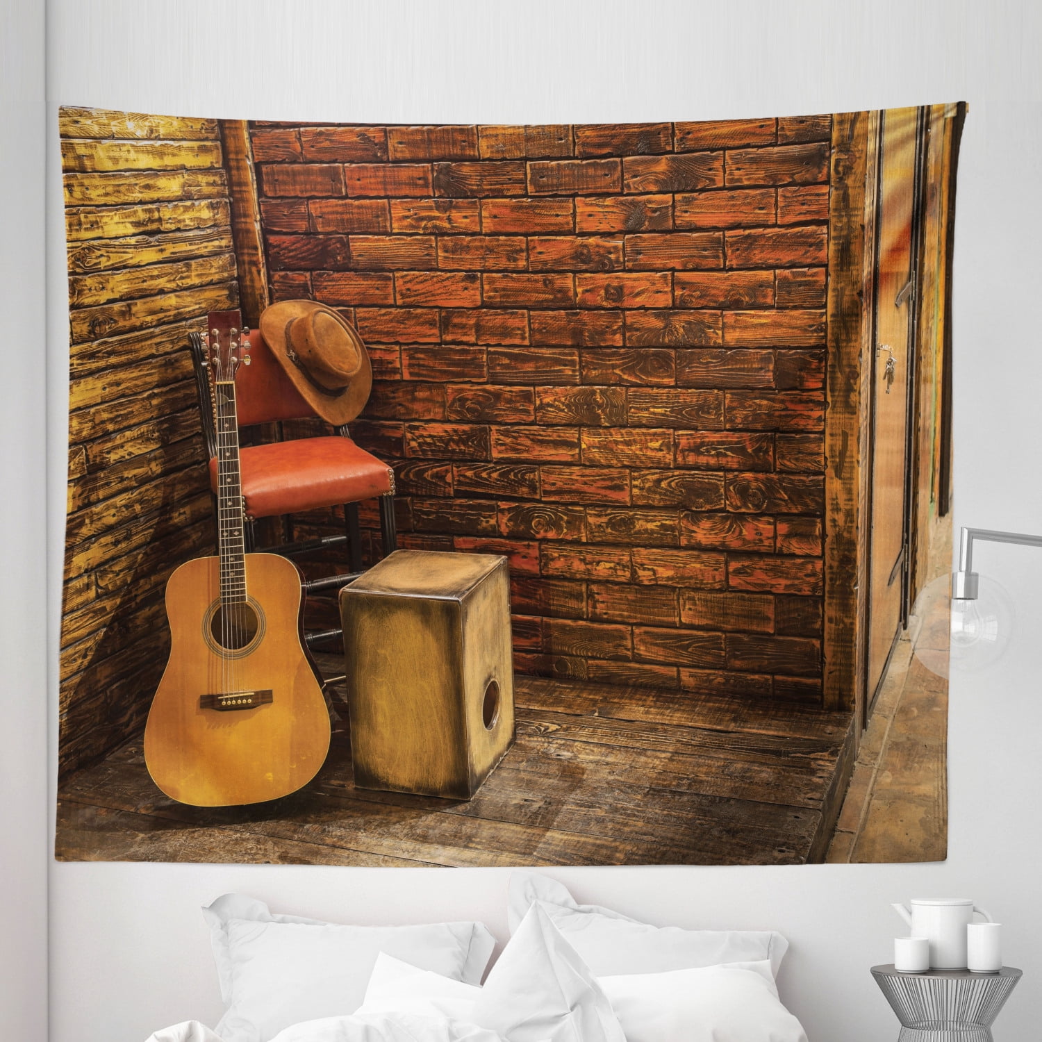 Music Tapestry, Music Instruments on Wooden Stage in Pub Beverage Cafe ...