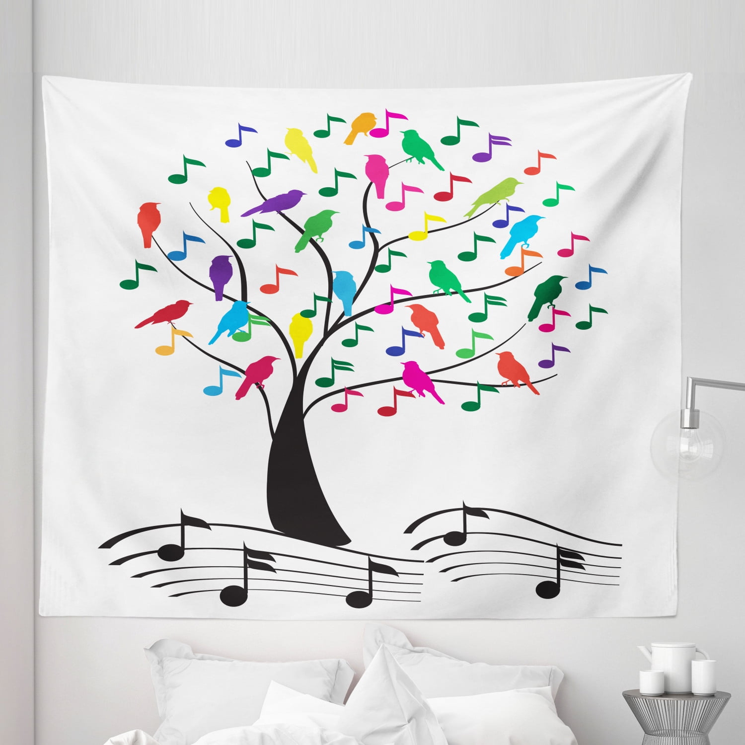 Music Tapestry, Tree with Musical Notes and Birds on Branch Happy Jolly ...