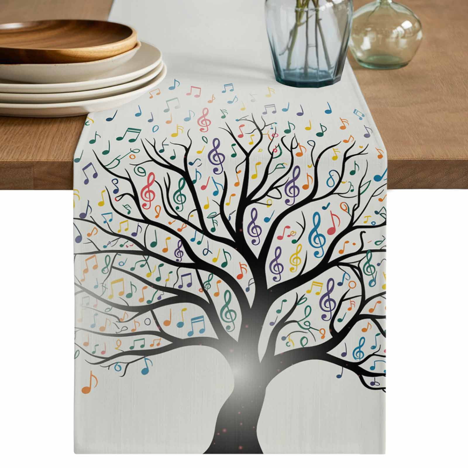 Music Tree Table Runner 108 Inches, Modern Abstract Art Note Branches ...