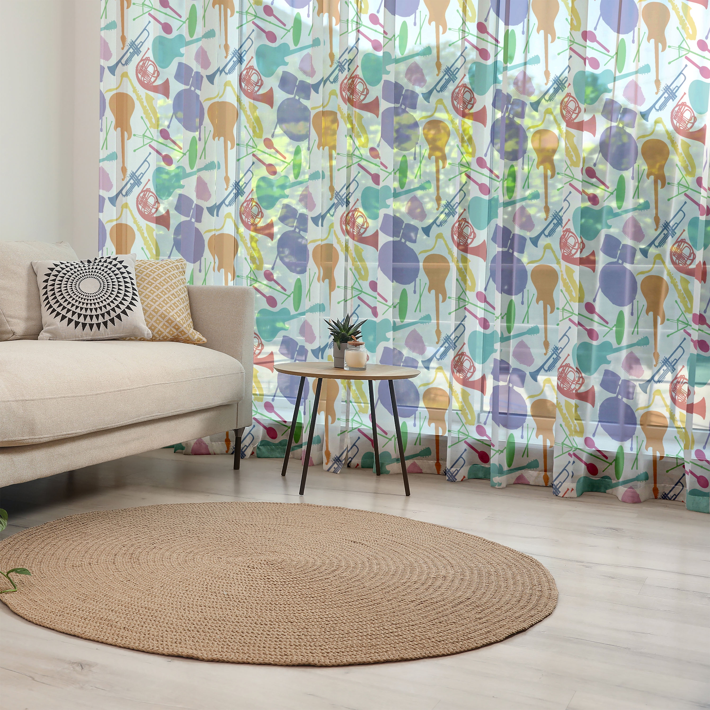 Music Tulle Curtains with Rod Pocket, Colorful Instruments Bass Guitar ...