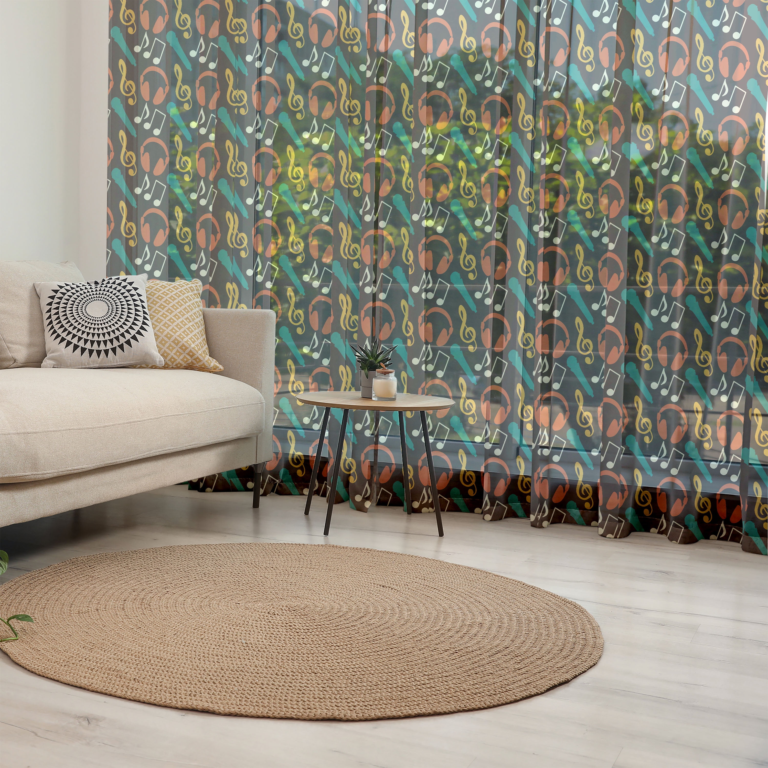 Music Tulle Curtains with Rod Pocket, Notes and DJ Headphones Pop Art ...