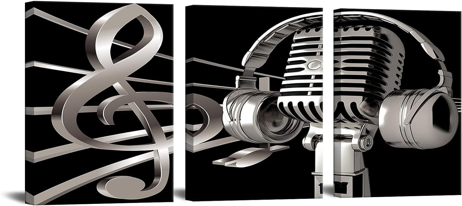 Music Wall Art Microphone Headset with Musical Note Picture Canvas ...