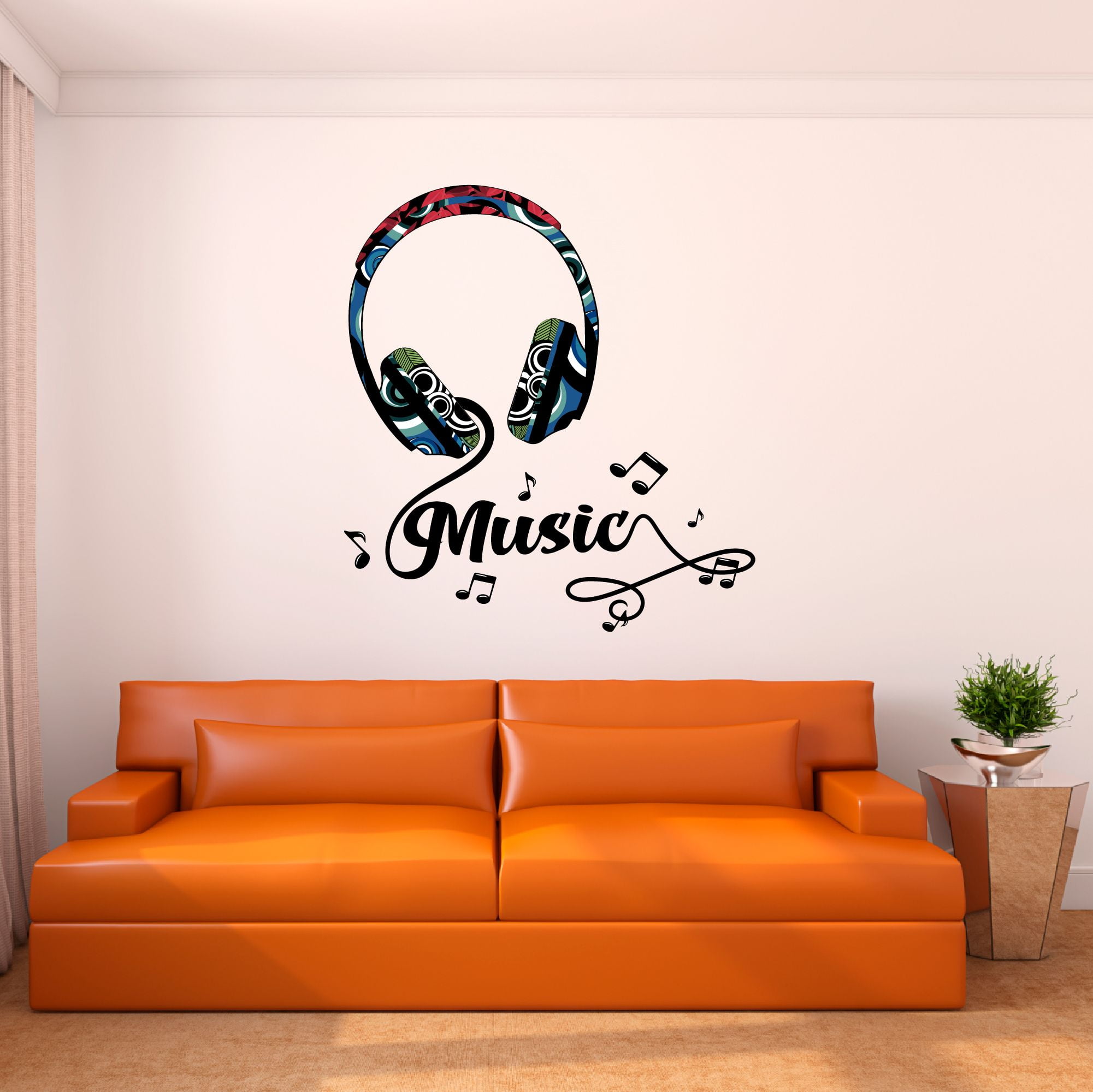 Music Wall Decal Dj Headphones Geometric Pattern with Musical Notes ...