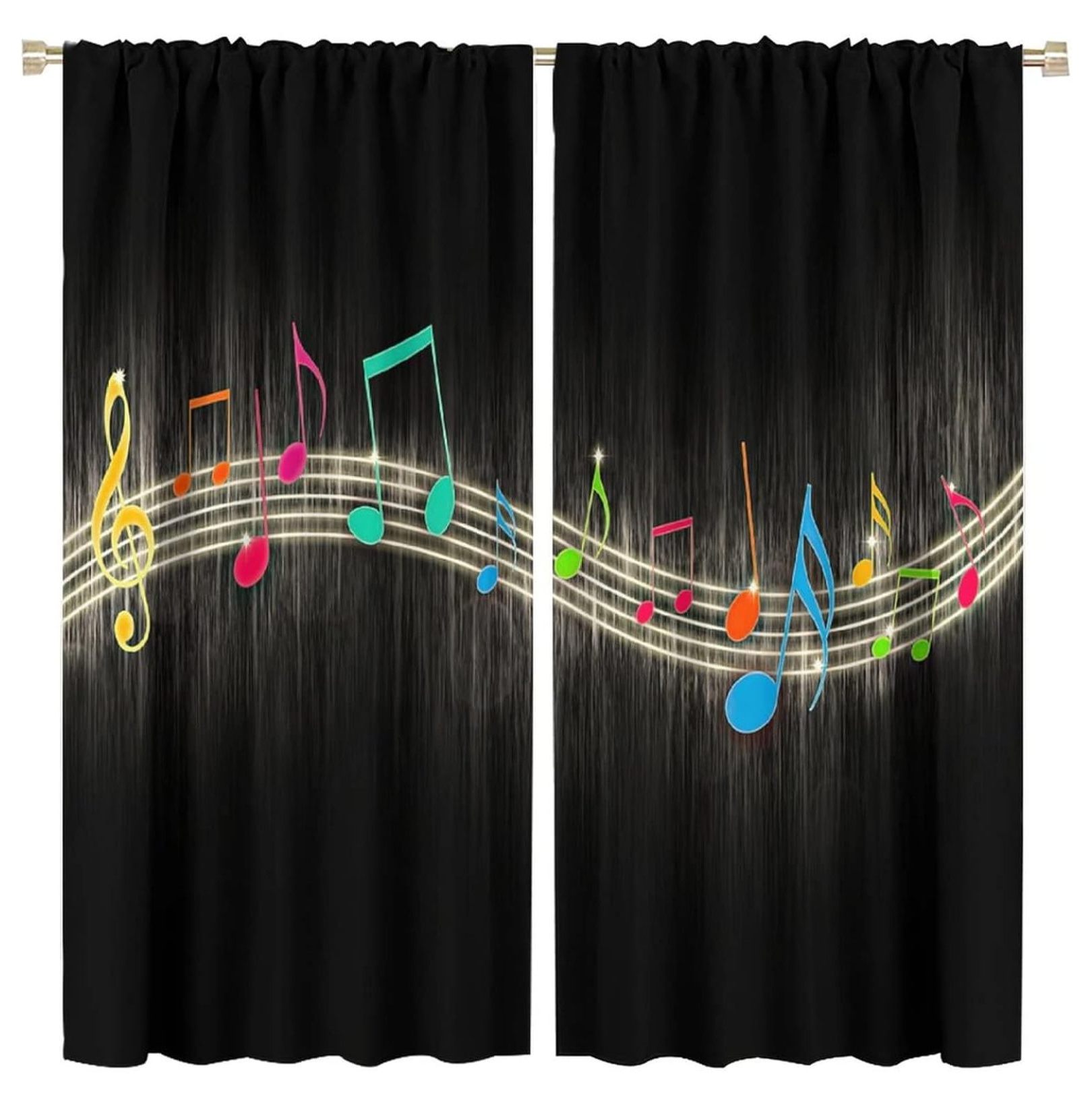Music Window Curtain,Colorful Music Note Black Background Window ...