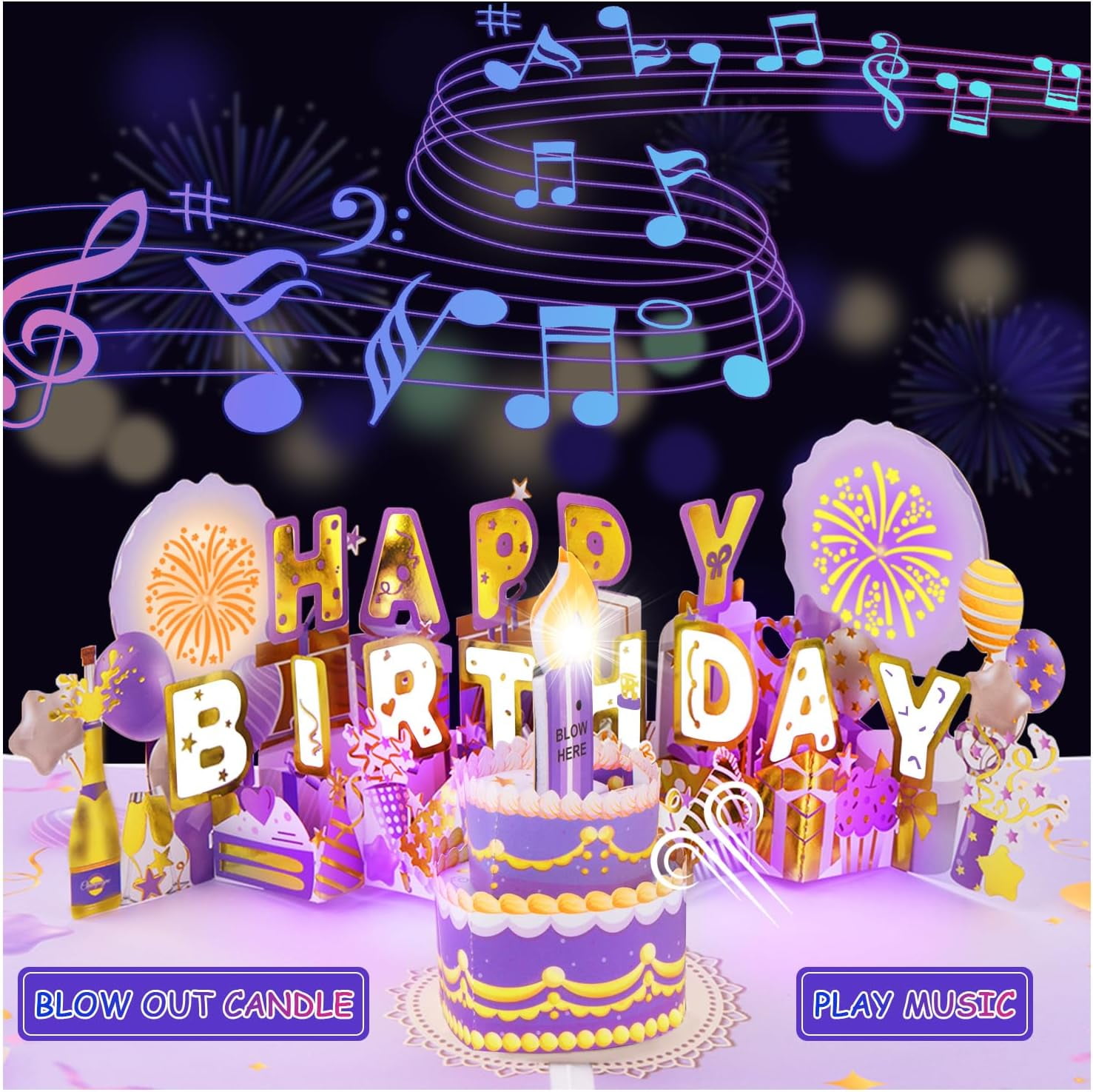 Musical 3D Pop Up Birthday Cards: Blowable Light Candle Cake Music ...