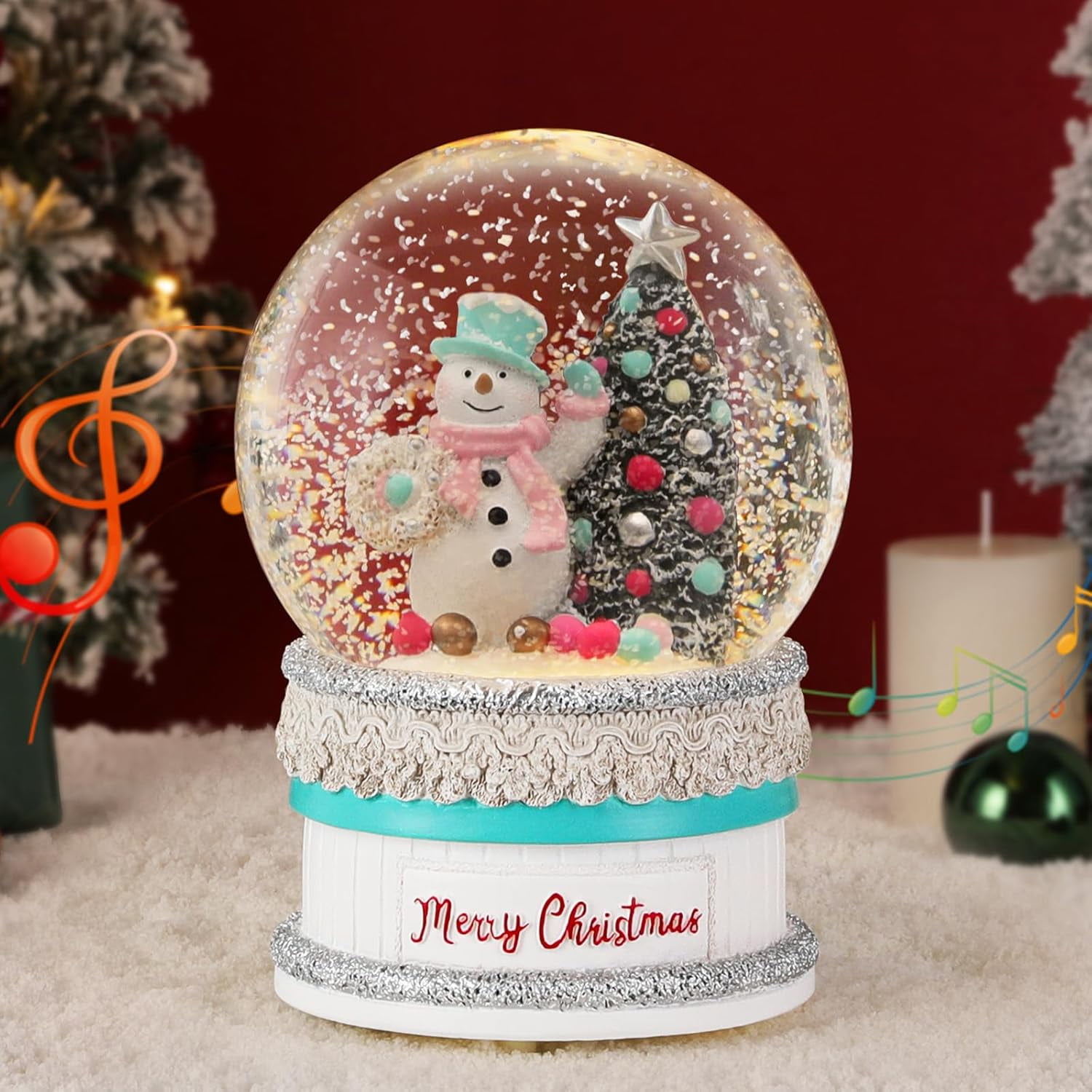 Musical Christmas Snow Globe, Lighted Cake Base and Snowman with Formal ...