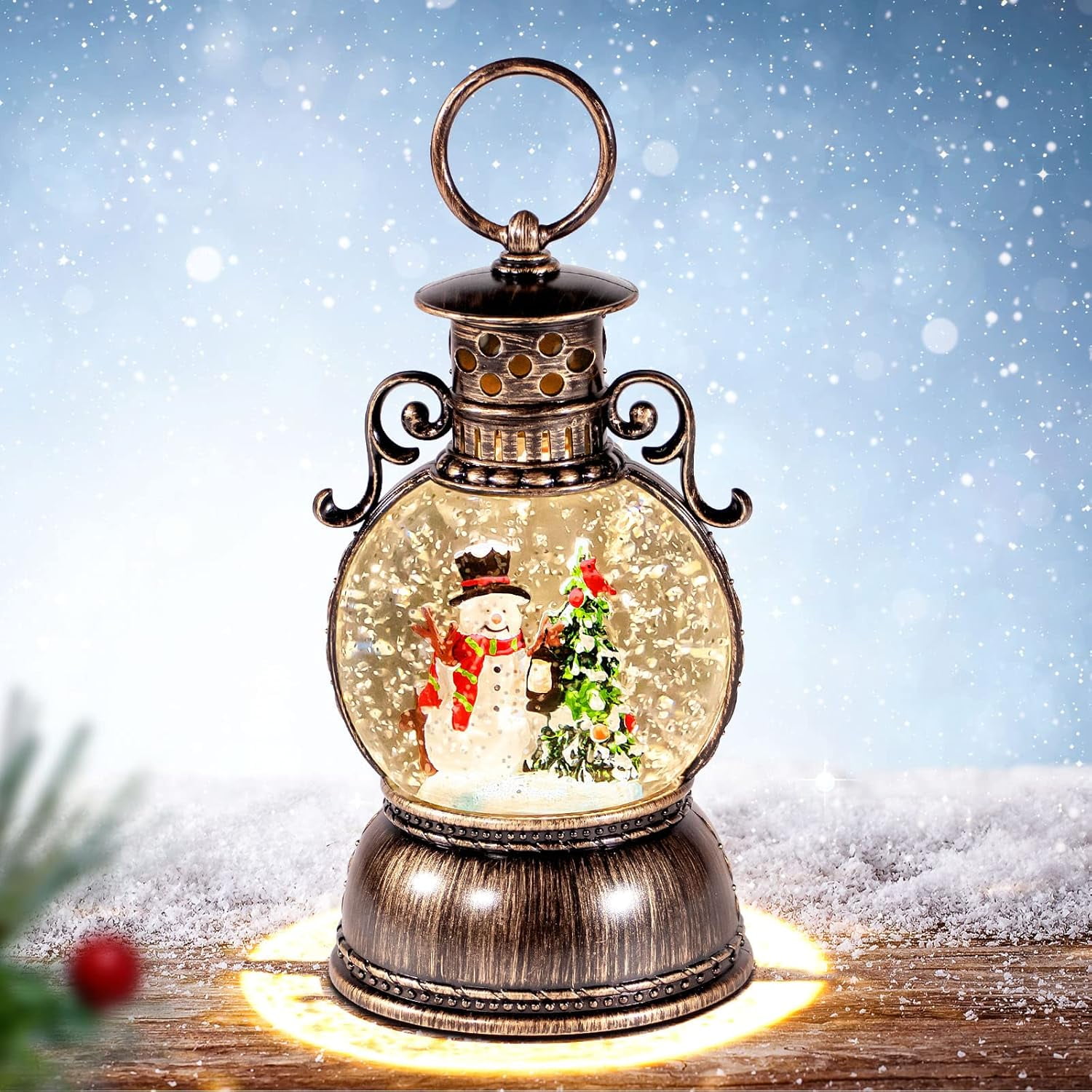 Musical Christmas Snow Globes Lantern, 6H Timer Cylinder Glitter Snow ...