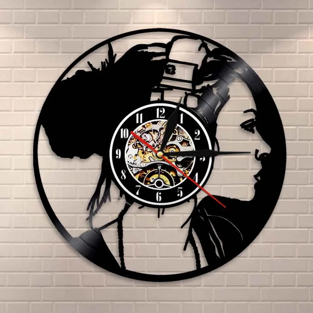 Musical Girl Headphone Listening To Music Vinyl Wall Clock,Vinyl Record ...