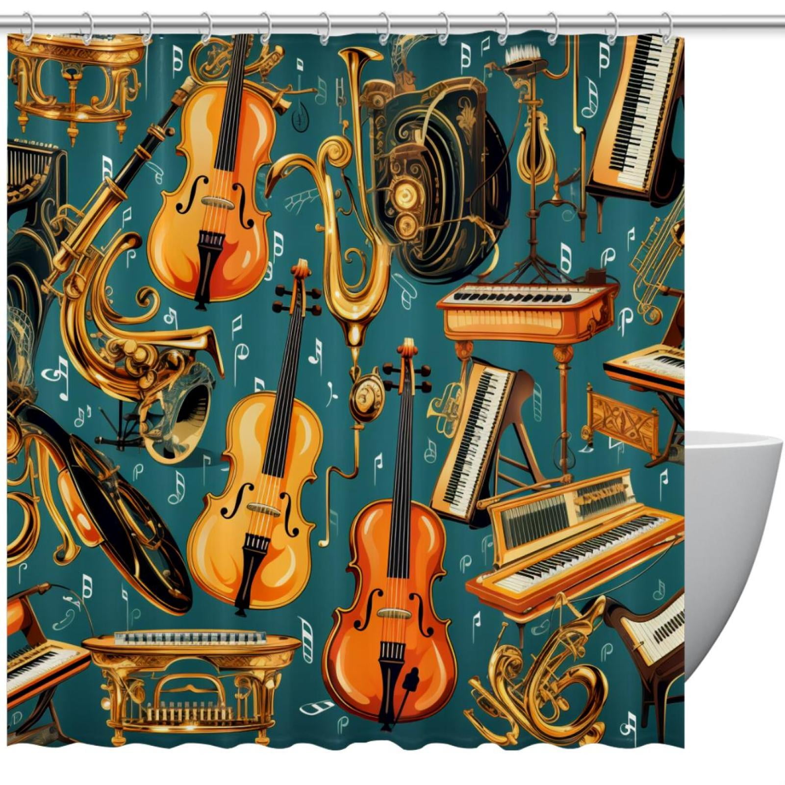 Musical Instrument Waterproof Printed Shower Curtain Set with Hooks for ...