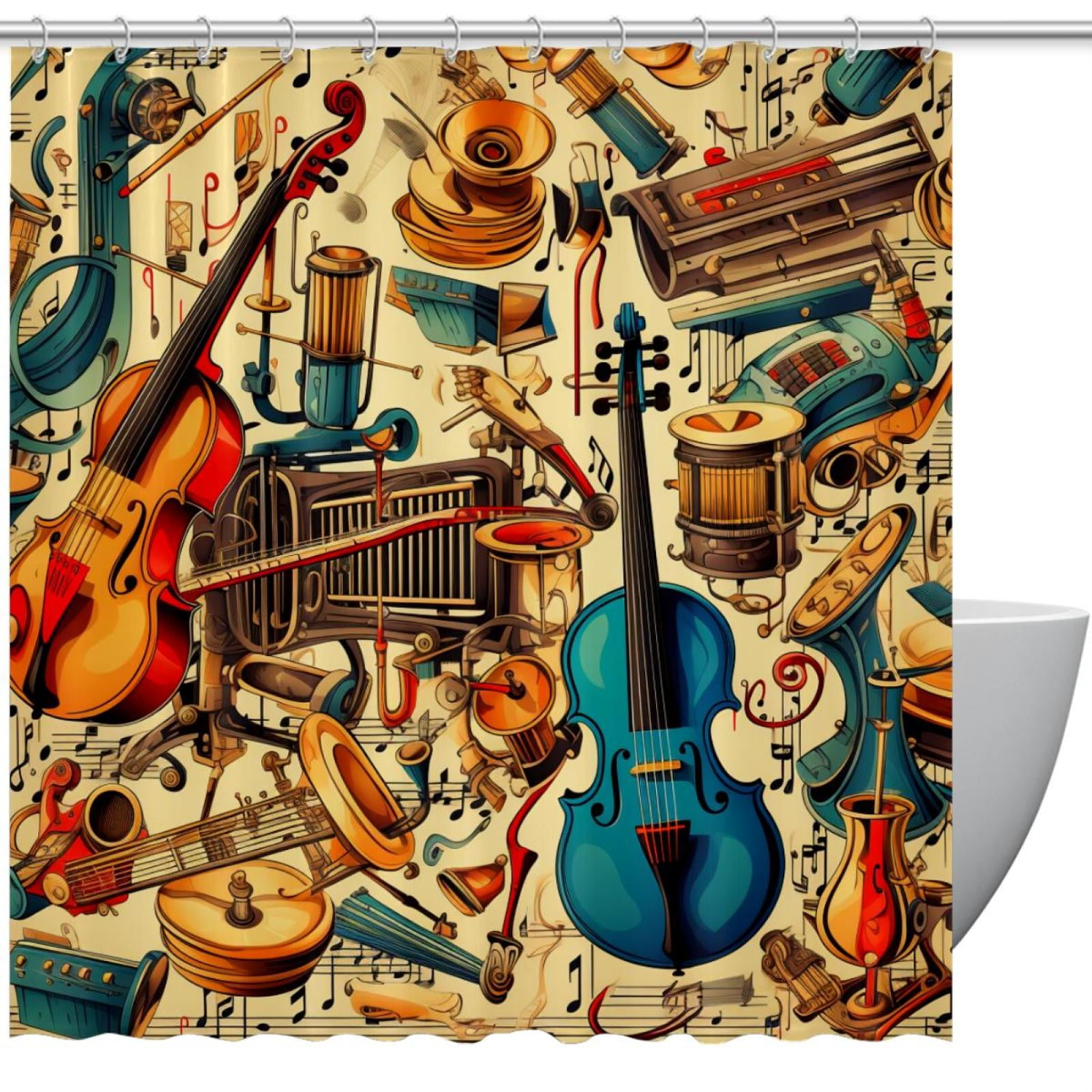 Musical Instrument Waterproof Printed Shower Curtain Set with Hooks for ...