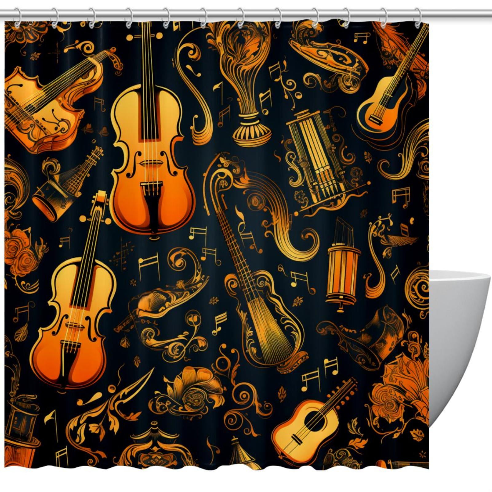 Musical Instrument Waterproof Printed Shower Curtain Set with Hooks for ...