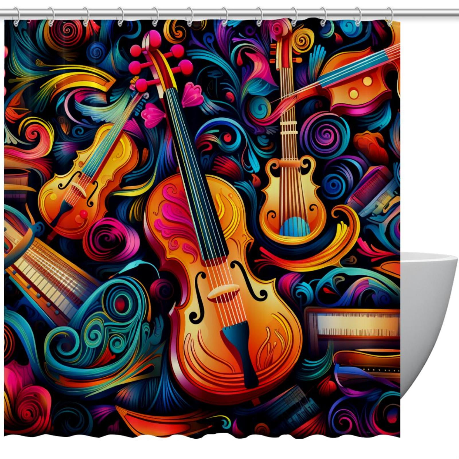 Musical Instrument Waterproof Shower Curtain Set with Hook, Printed ...