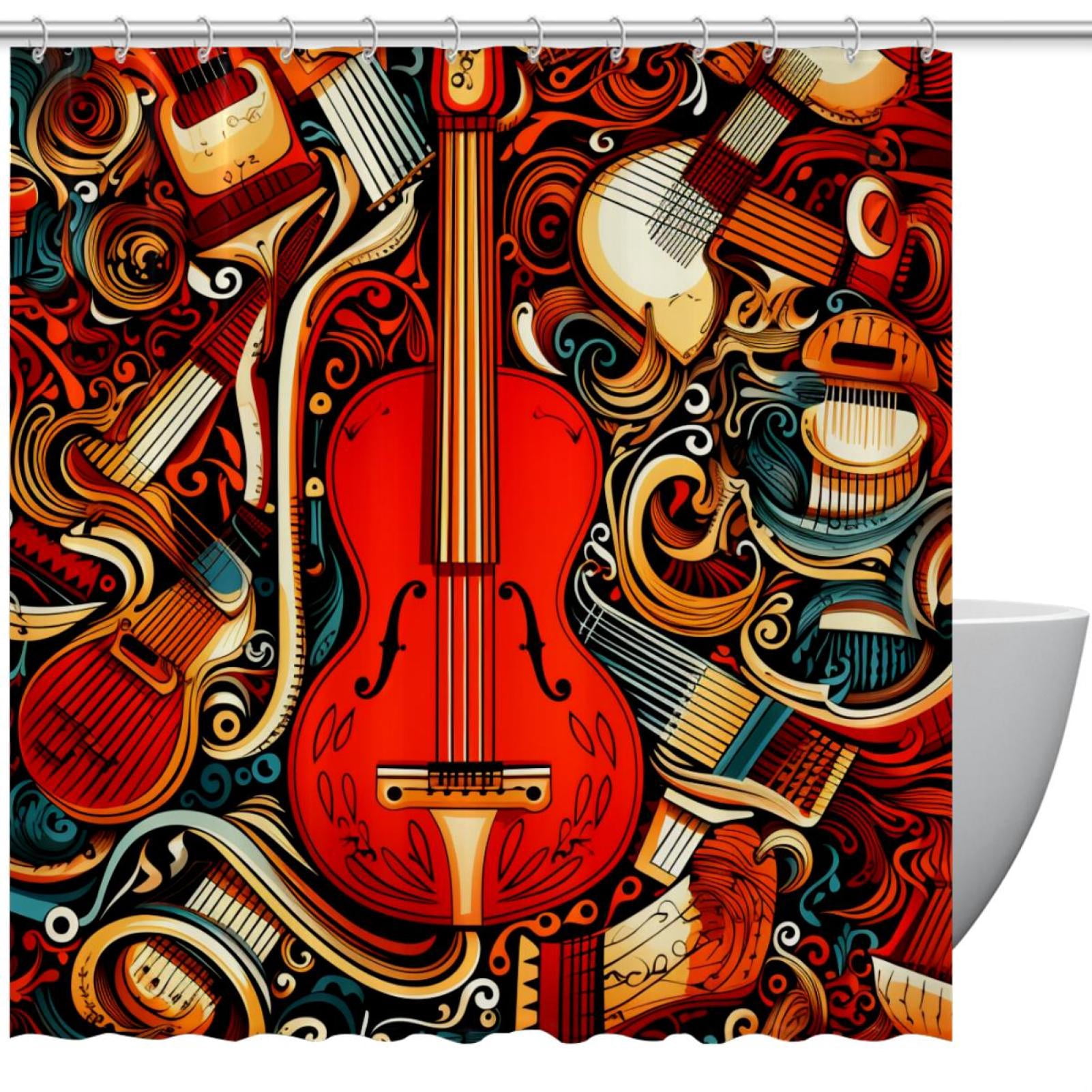 Musical Instrument Waterproof Shower Curtain Set with Hooks and Printed ...