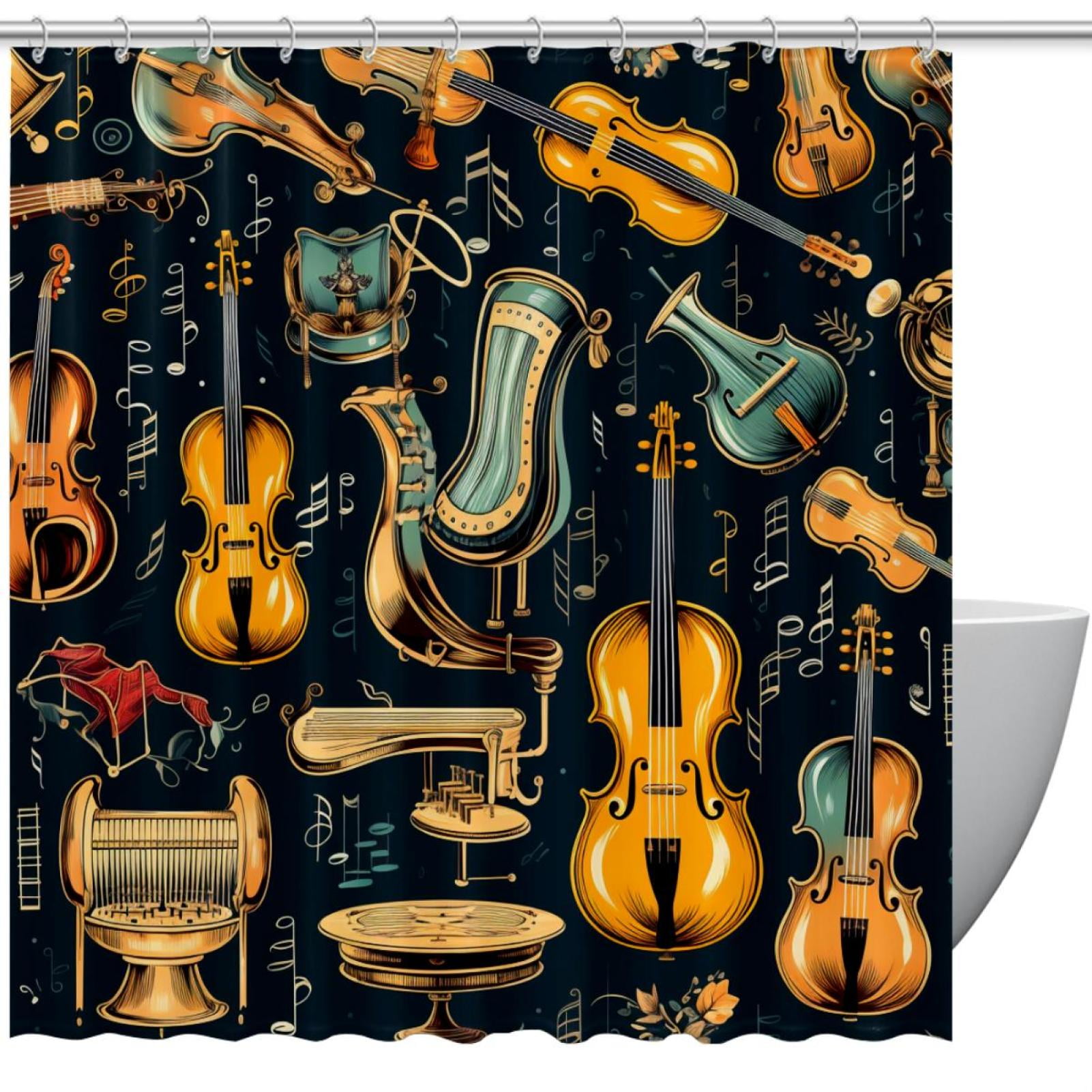 Musical Instrument Waterproof Shower Curtain Set with Hooks and Printed ...