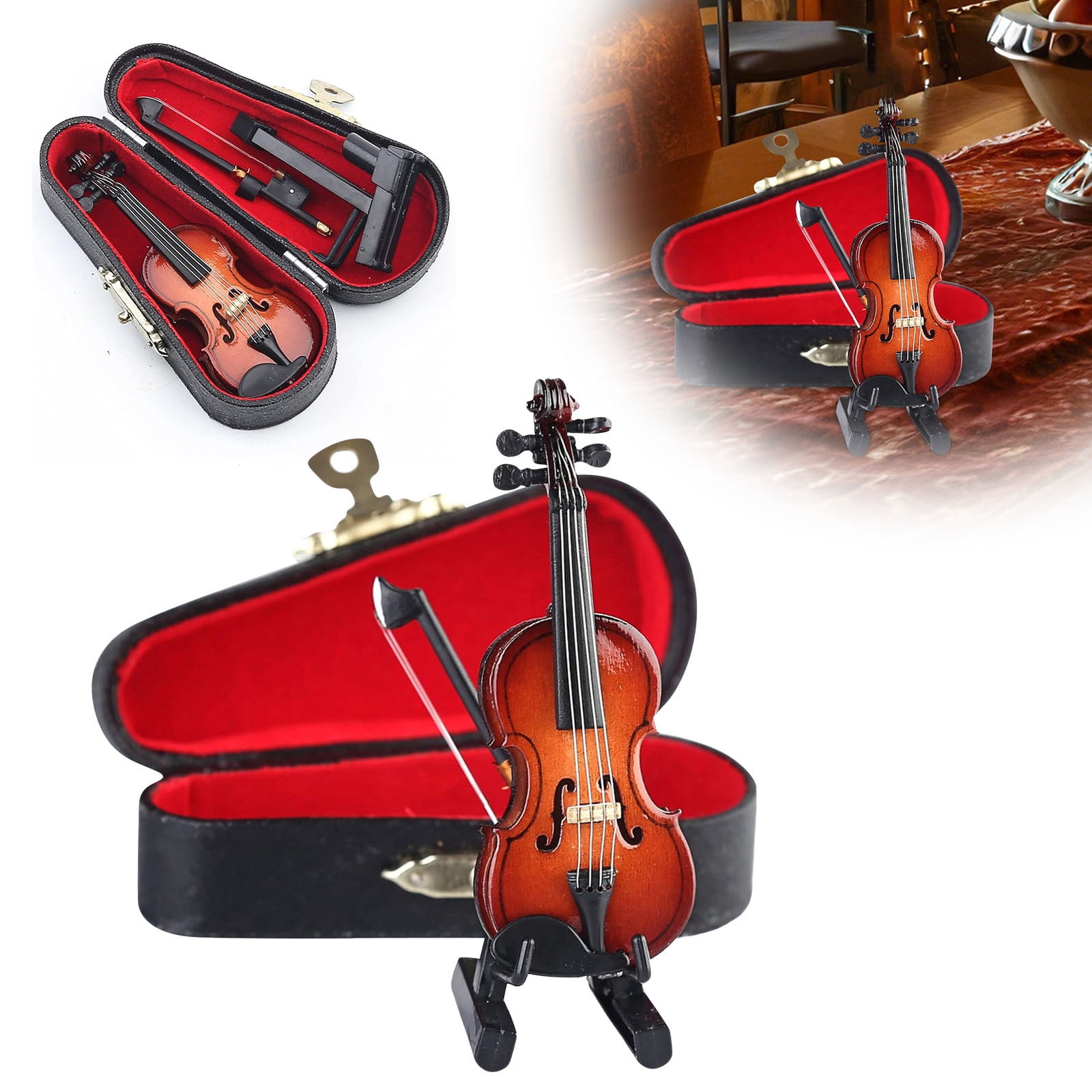 Musical Instrument Wooden Miniature Violin with Stand and Bow ...