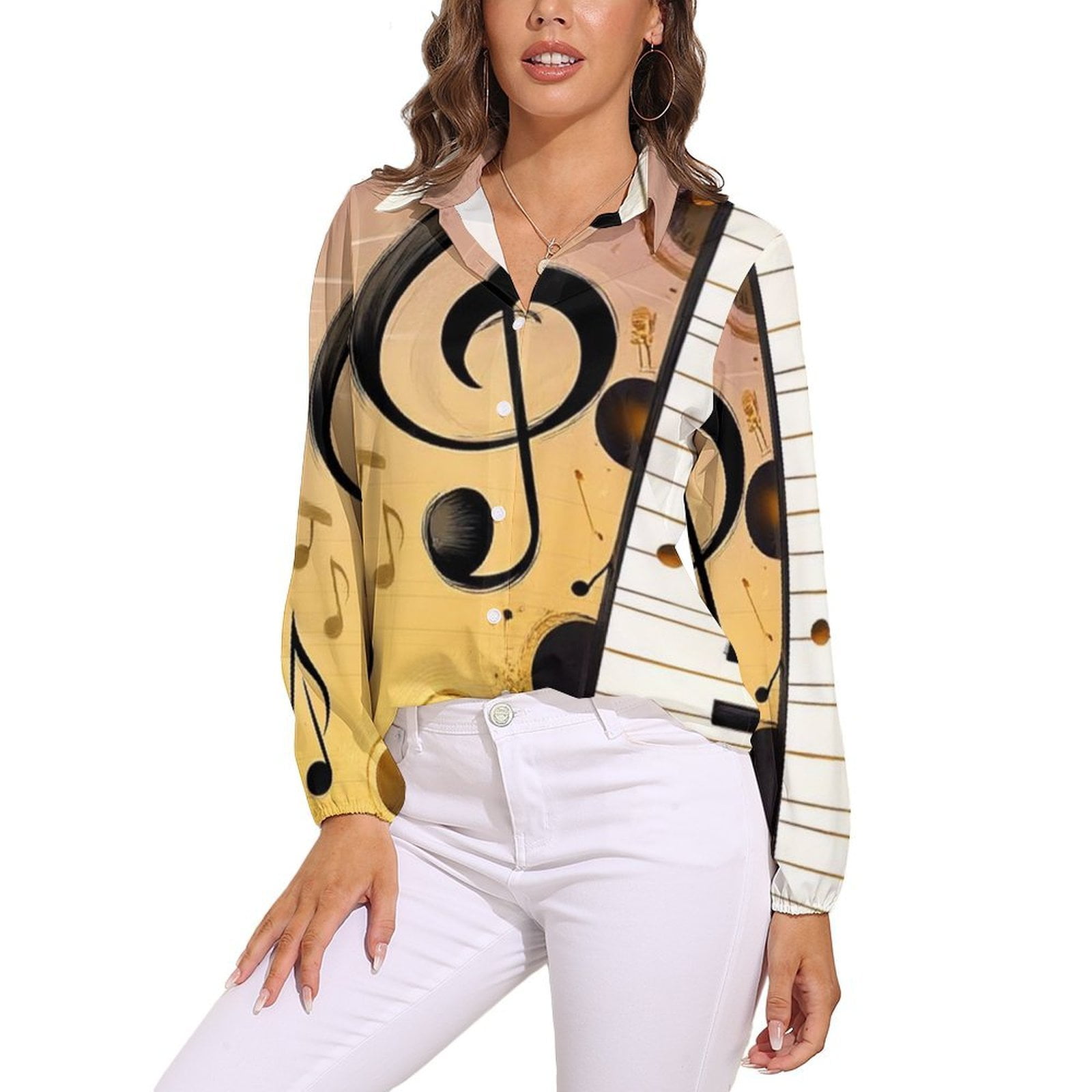 Musical Keyboard Notes Art Vntage Casual Long Sleeve Shirt Blouse Woman ...