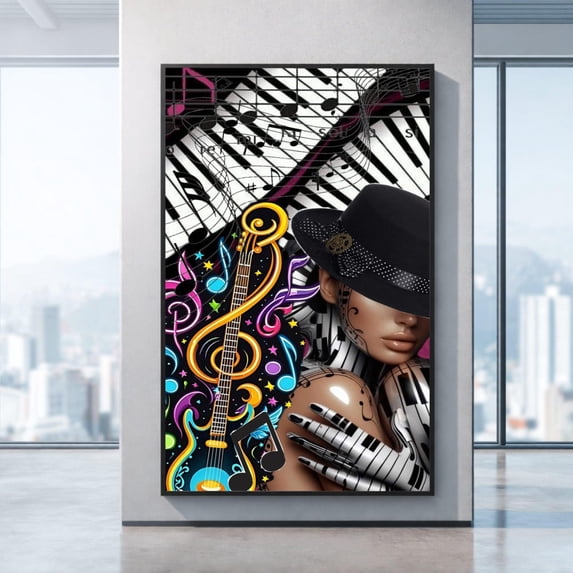 Musical Muse with Piano Keys Colorful Guitar and Notes Wall Art ...