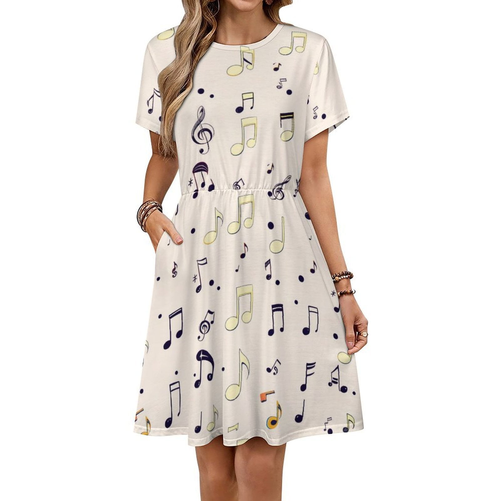 Musical Note Background Dress Fashion Beach Short Sleeve Dresses Female ...