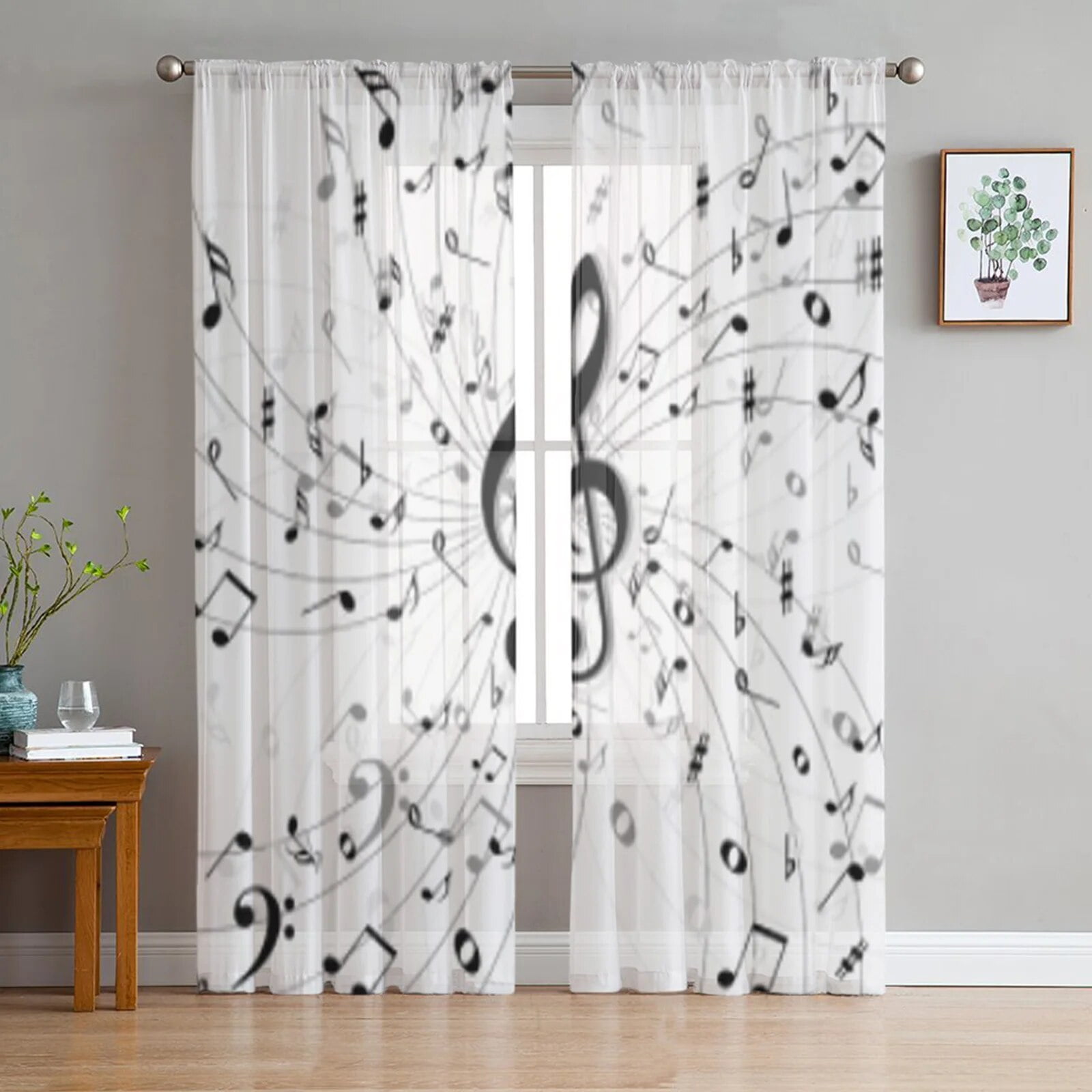 Musical Note Music White Background Sheer Curtains Living Room Drapes ...