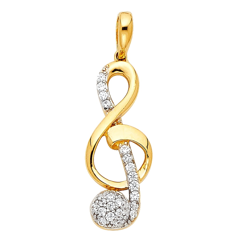 Musical Note Pendant Solid 14k Yellow Gold Treble Clef Charm CZ Fashion ...