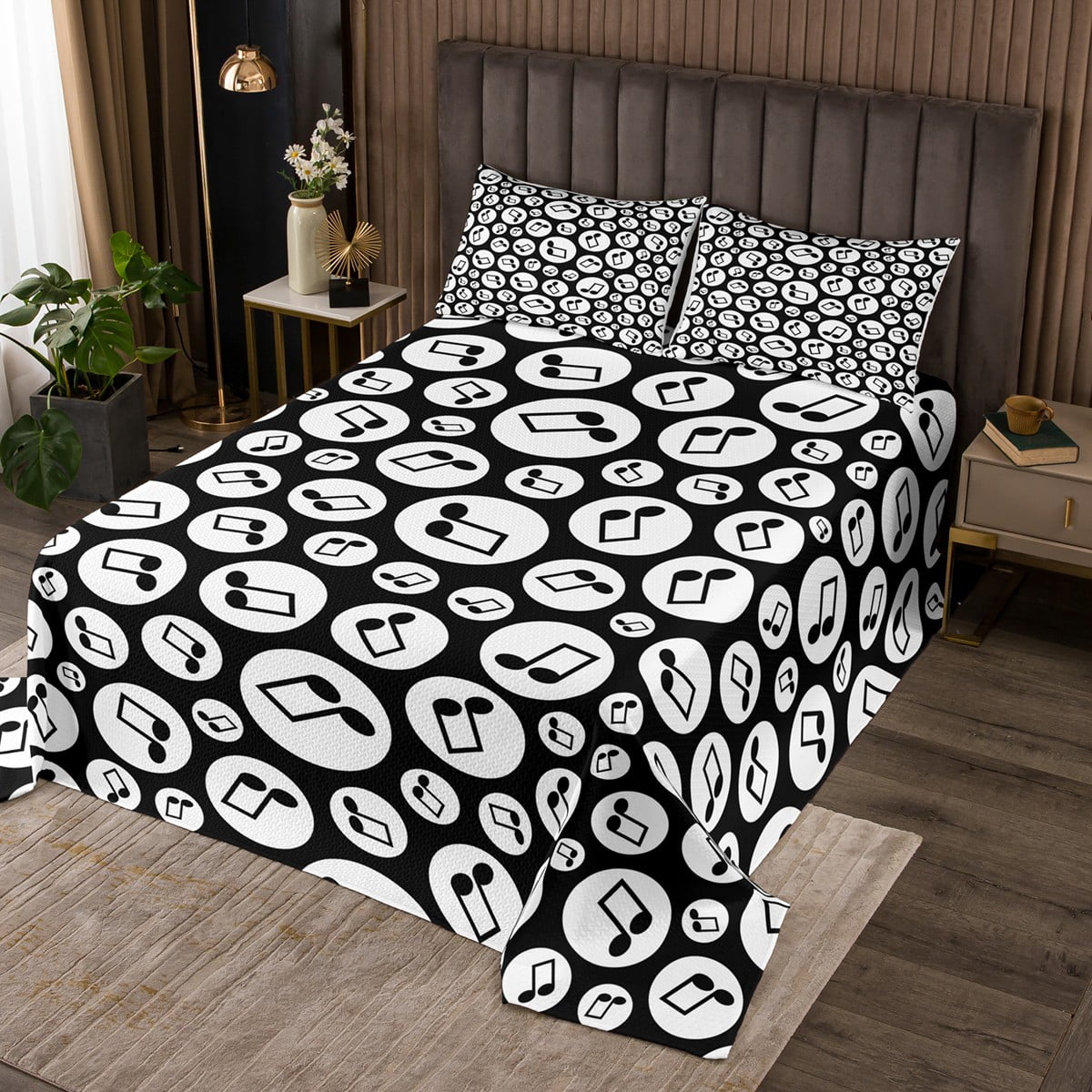 Musical Note Quilt Set Music Notes Queen Bedspread Set,Black and White ...