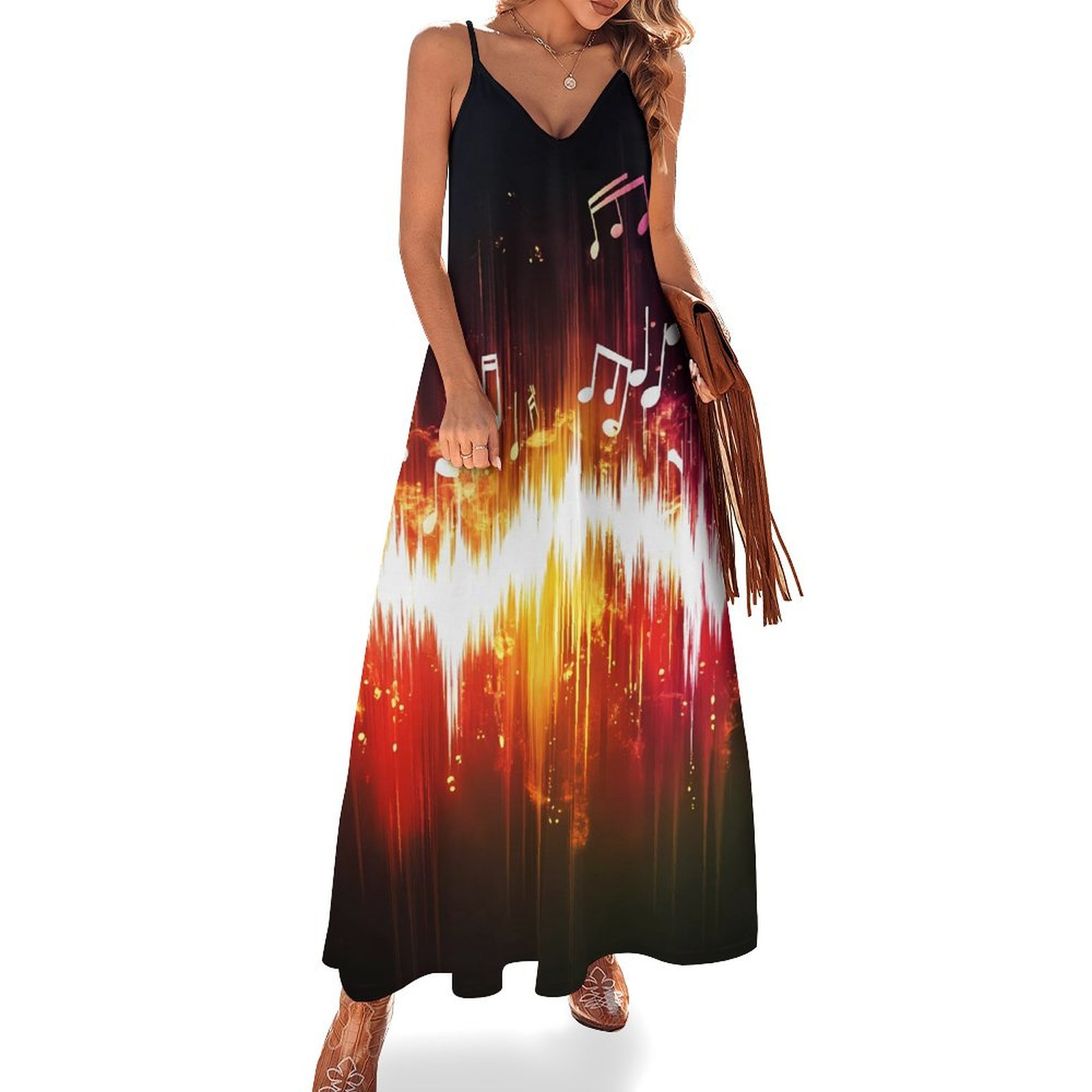 Musical Notes And Sound Waves Women's Maxi Dress Spaghetti Strap V Neck ...